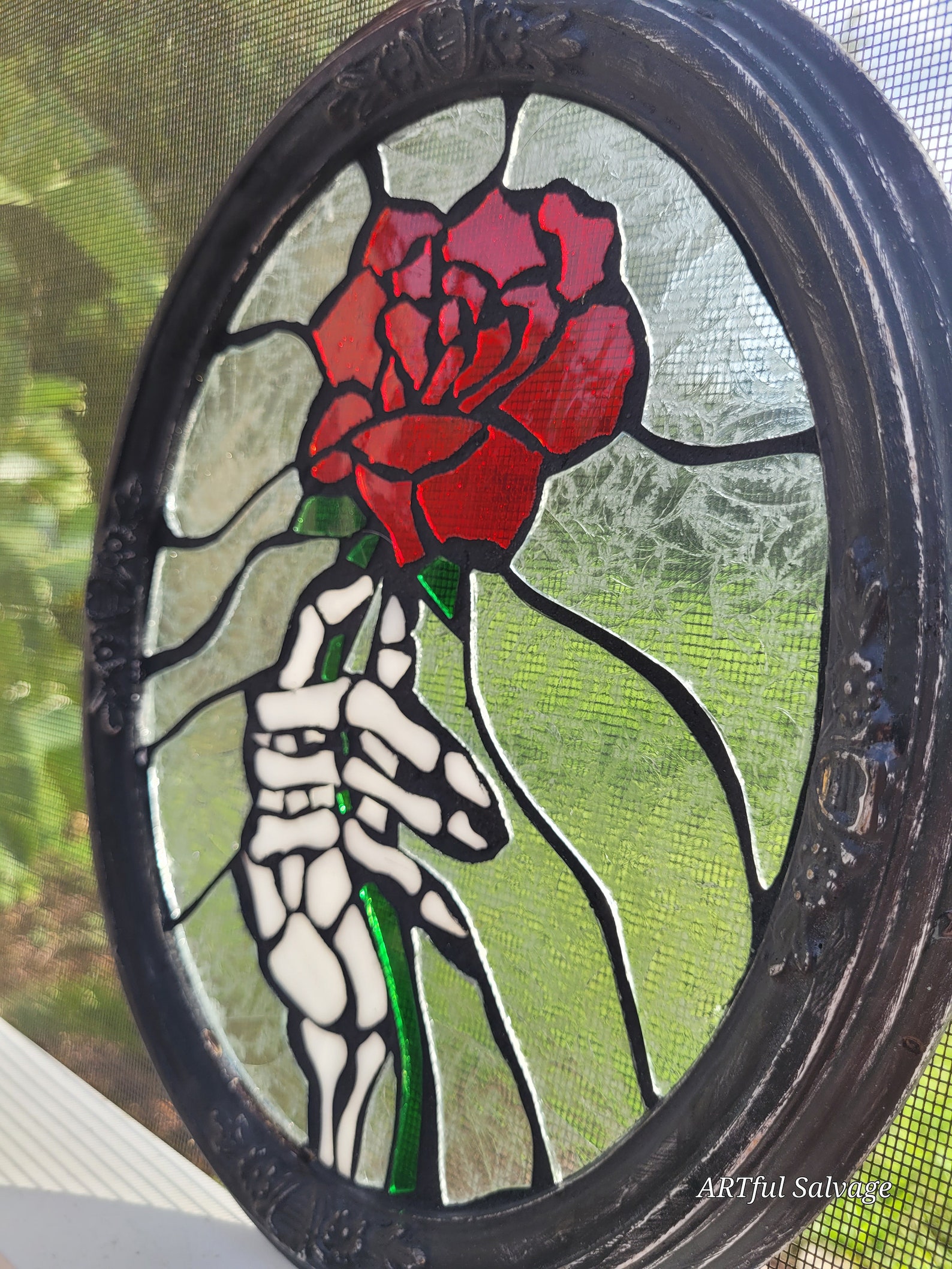 Stained Glass Mosaic Ruby Red Rose Slelton Hand Love Haunted - Etsy