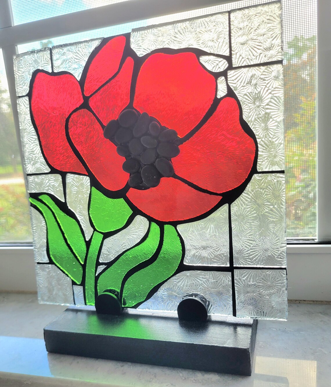 Red Poppy Mandala Square Stained Glass Mosaic Art Display Sculpture ...