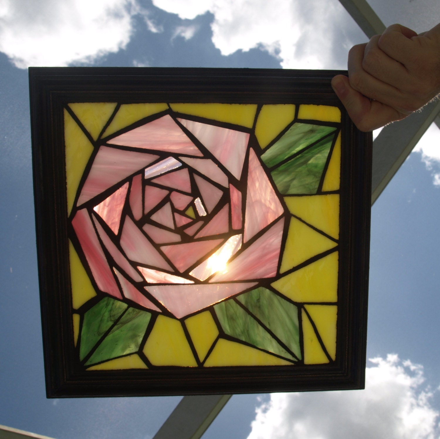 Pink Quilted Rose Stained Glass Mosaic Wooden Window Repurpose - Etsy
