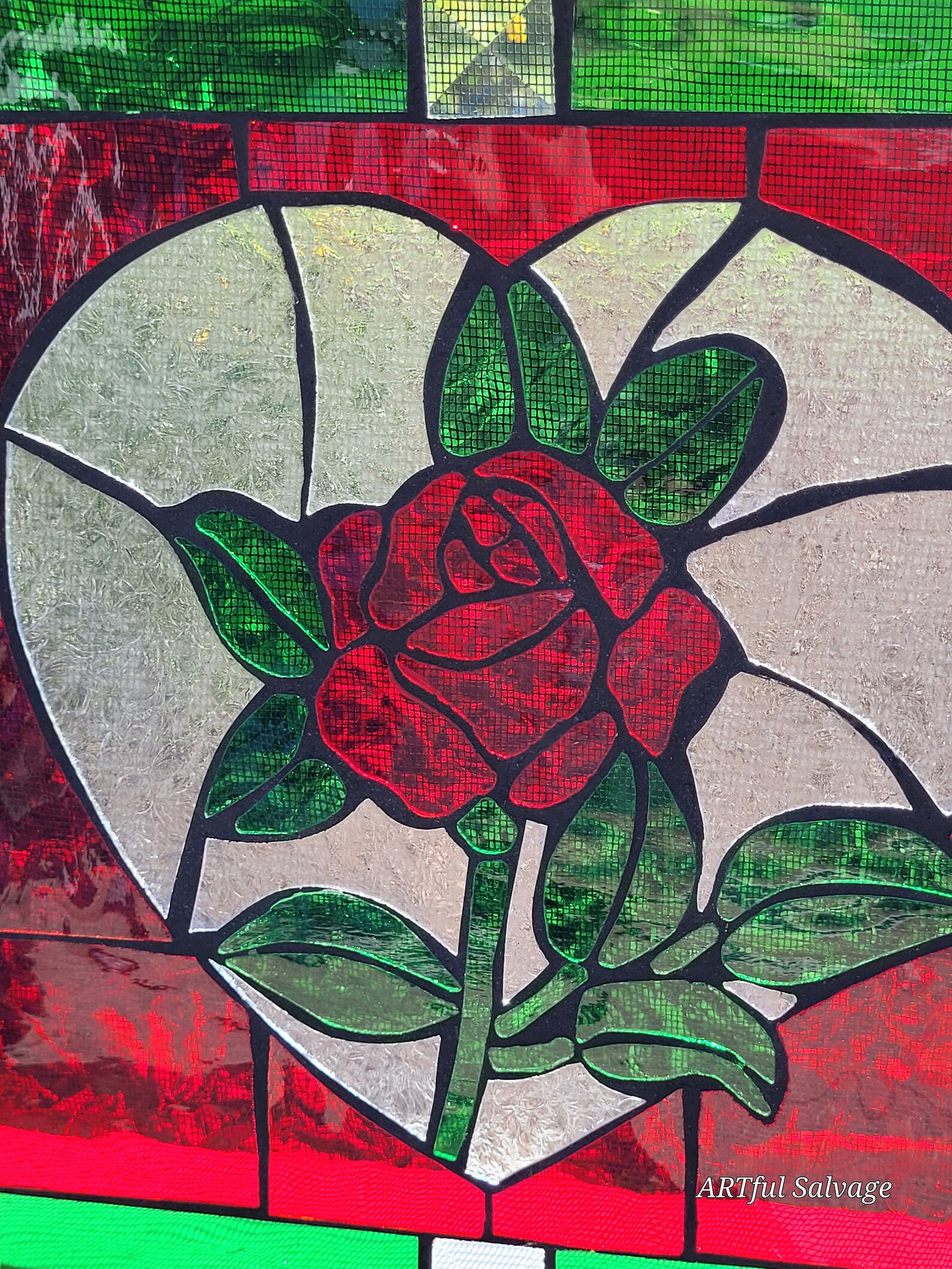 Red Rose Heart Stained Glass Mosaic Wooden Window Repurpose Green ...