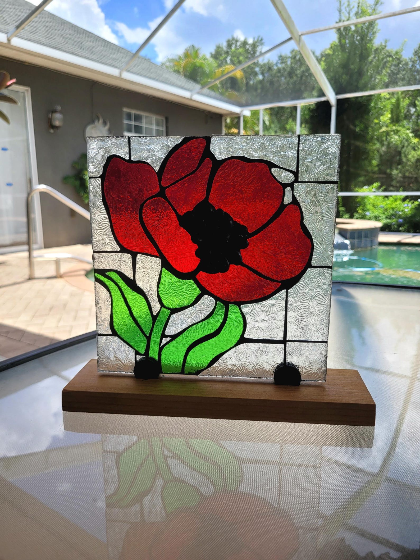 Red Poppy Mandala Square Stained Glass Mosaic Art Display Sculpture ...