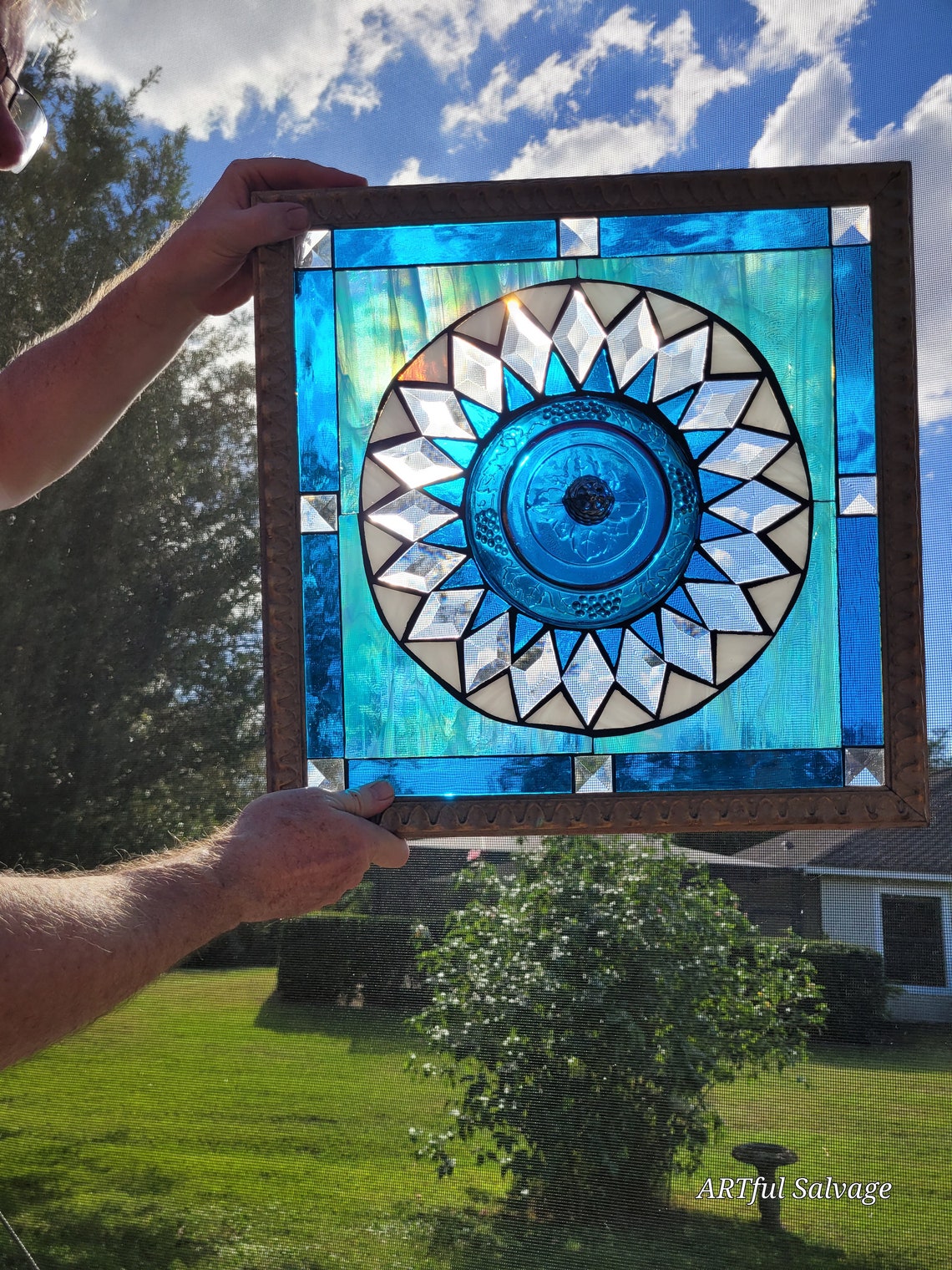 Stained Glass Mosaic Blue Turquoise Teal Carnival Glass Lid Bevels ...