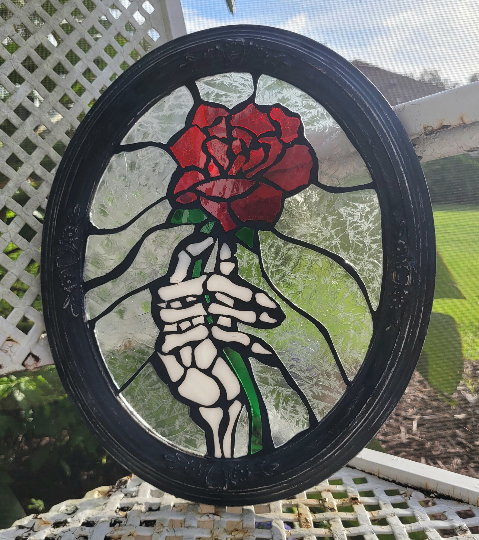 Stained Glass Mosaic Ruby Red Rose Slelton Hand Love Haunted - Etsy