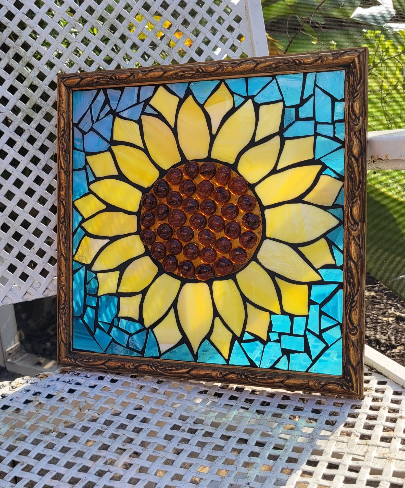 Yellow Sunflower Stained Glass Mosaic Wooden Window Repurpose - Etsy