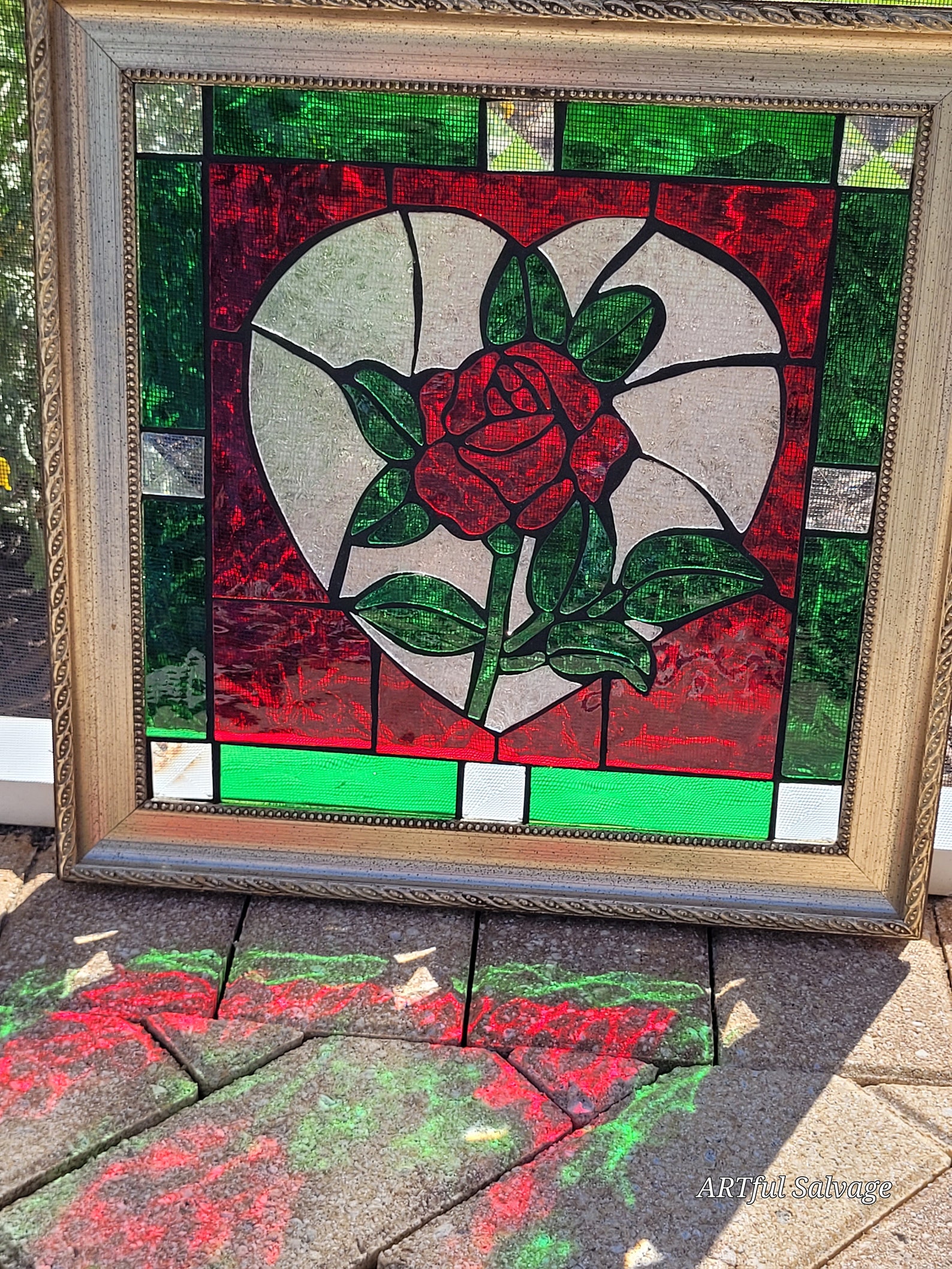 Red Rose Heart Stained Glass Mosaic Wooden Window Repurpose Green ...