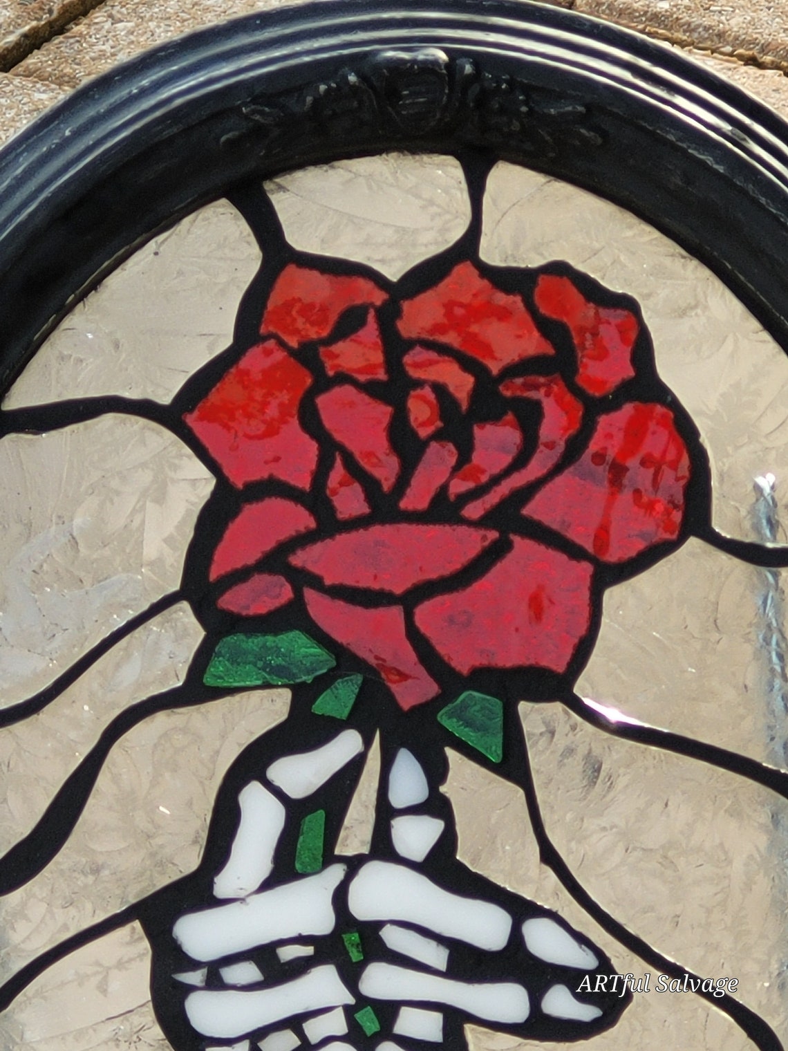 Stained Glass Mosaic Ruby Red Rose Slelton Hand Love Haunted - Etsy