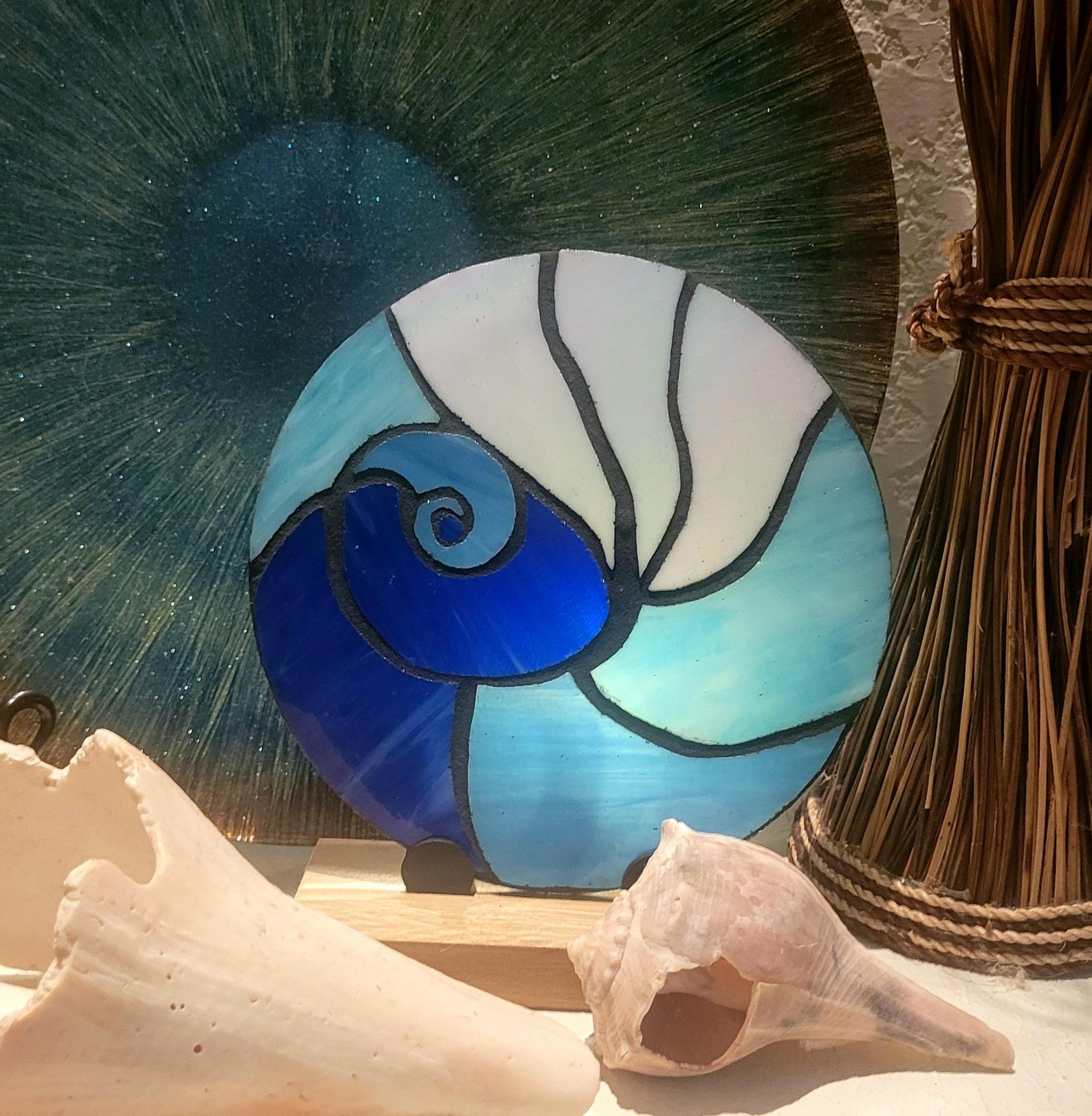 Blue Water Nautilus Stained Glass Mosaic Round Circle Turquoise White ...