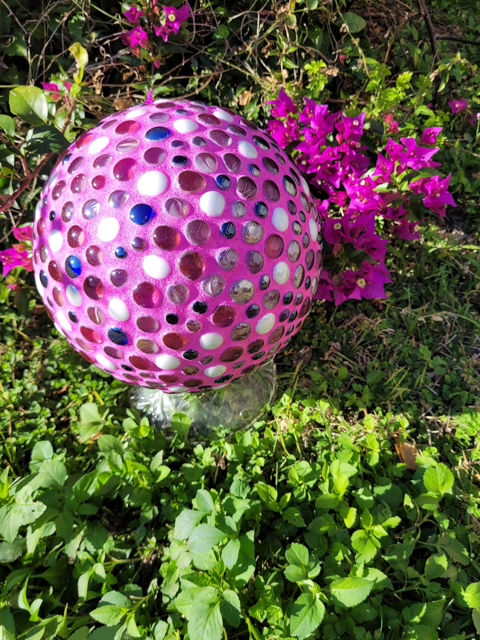 Repurpose Gazing Ball Pink Mosaic Bowling Unbreakable Garden Art ...