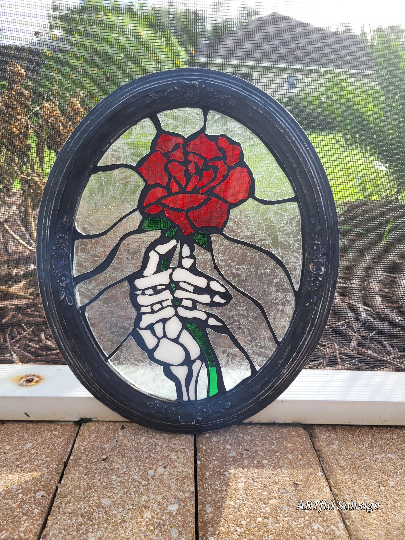 Stained Glass Mosaic Ruby Red Rose Slelton Hand Love Haunted - Etsy