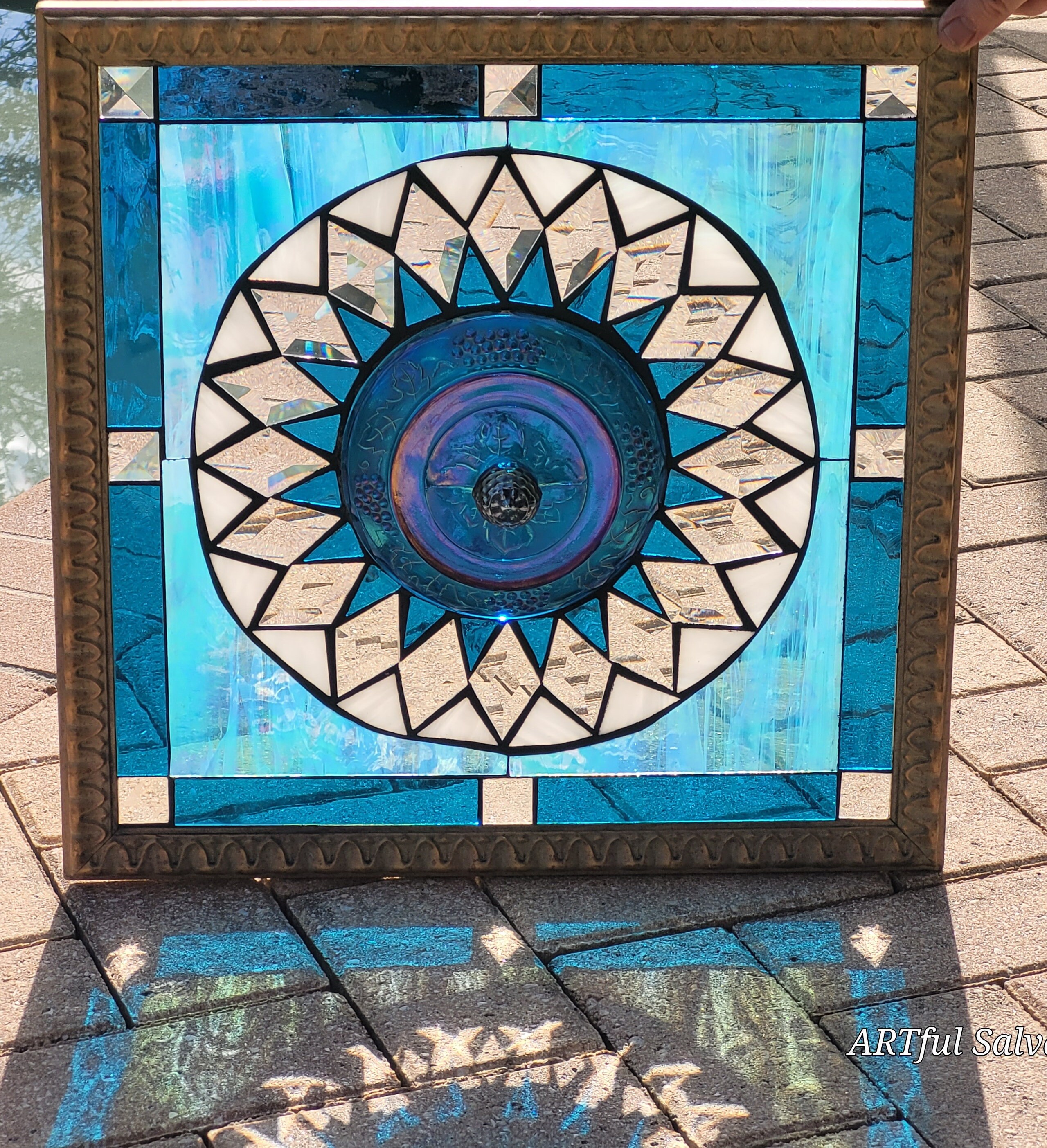 Stained Glass Mosaic Blue Turquoise Teal Carnival Glass Lid Bevels ...