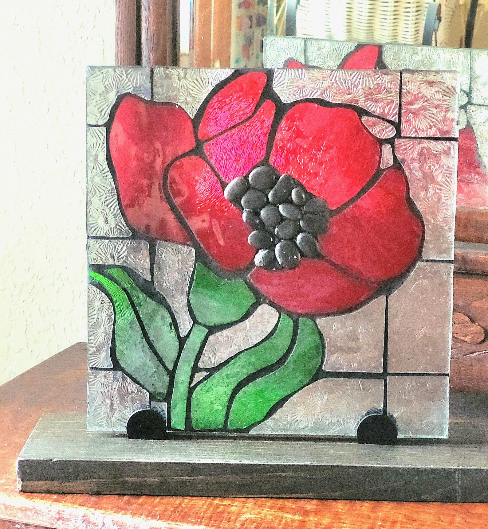 Red Poppy Mandala Square Stained Glass Mosaic Art Display Sculpture ...