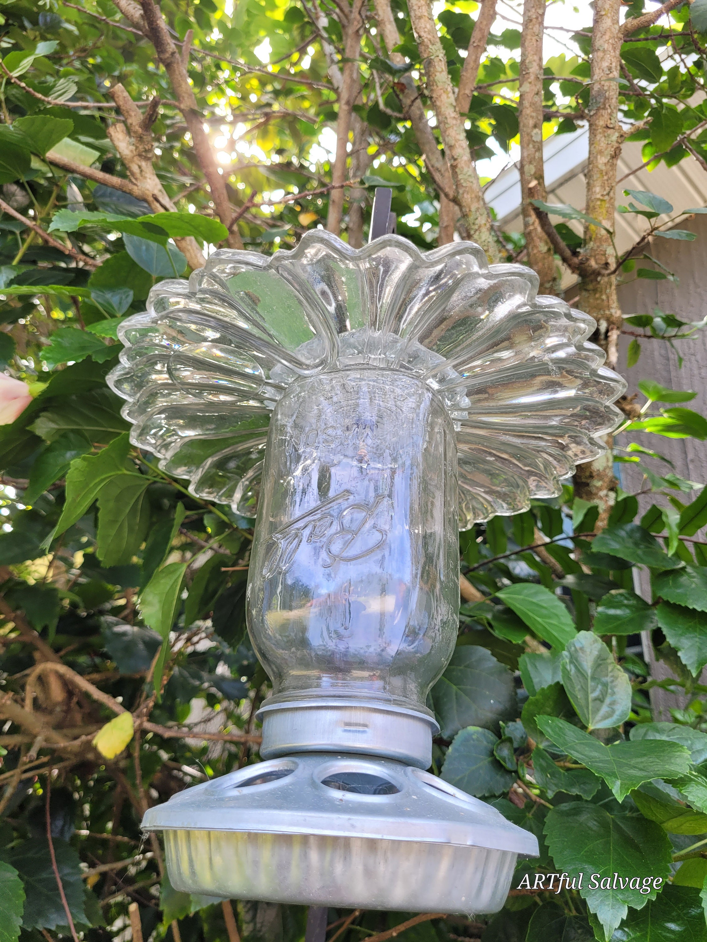 Mason Jar Bird Feeder Repurposed Chicken Feeder Glass Vintage Garden ...