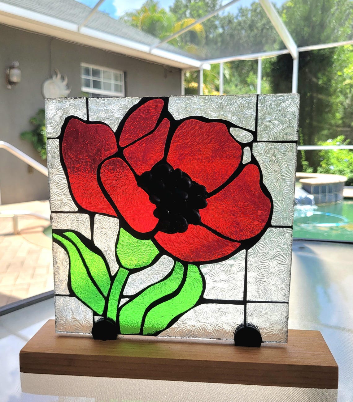 Red Poppy Mandala Square Stained Glass Mosaic Art Display Sculpture ...