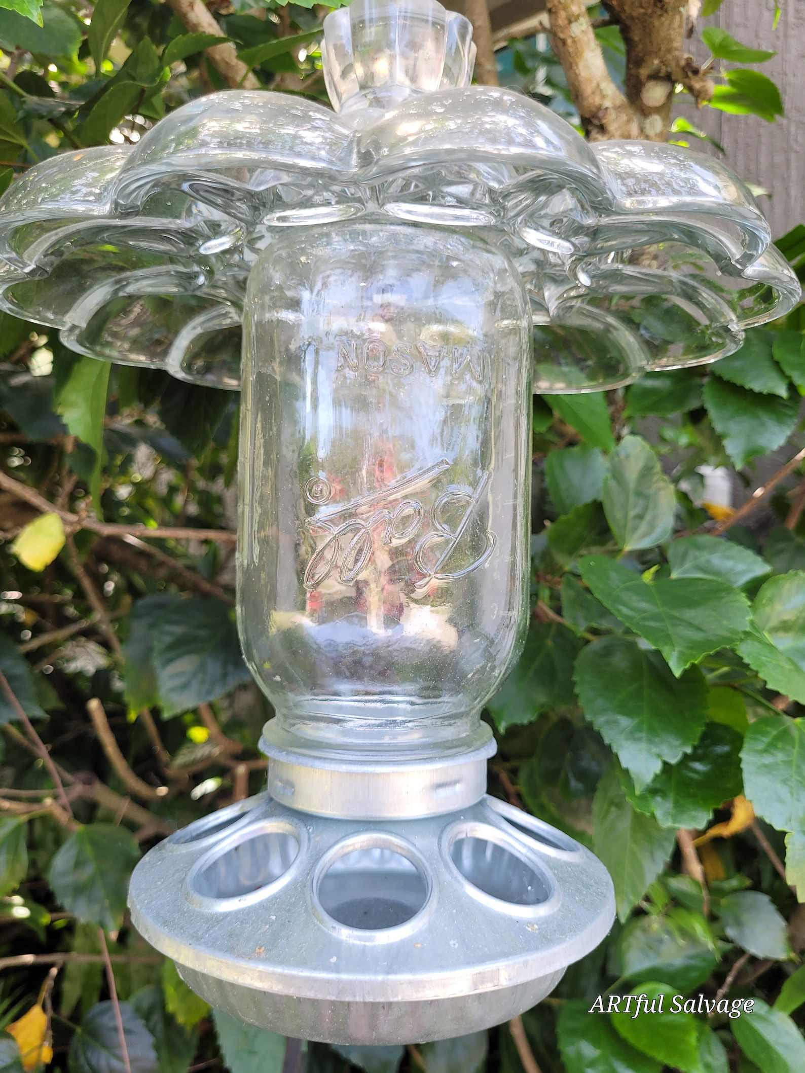 Mason Jar Bird Feeder Repurposed Chicken Feeder Glass Garden Art ...