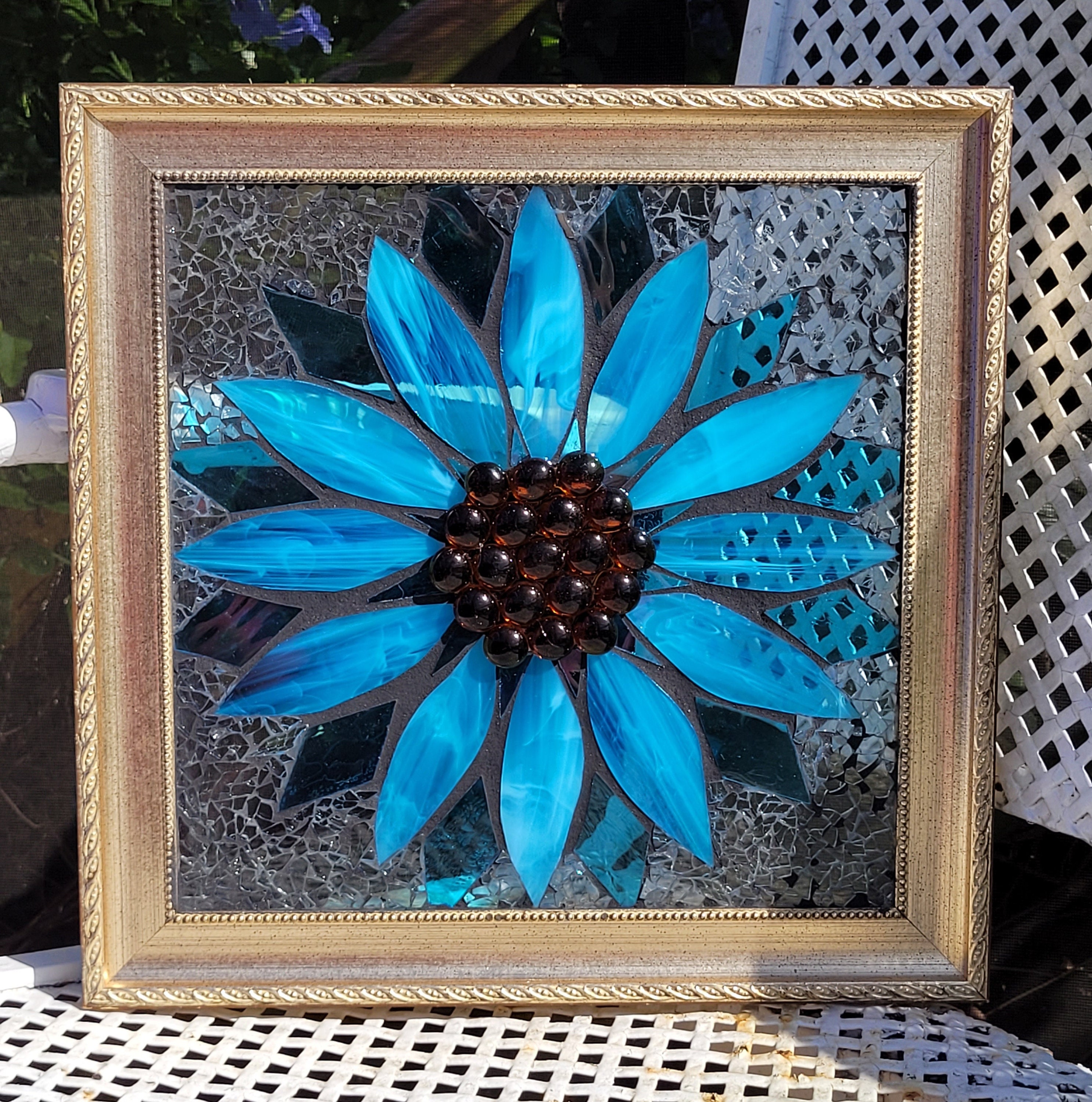 Stained Glass Mosaic Wooden Window Repurpose blue Coneflower Daisy ...