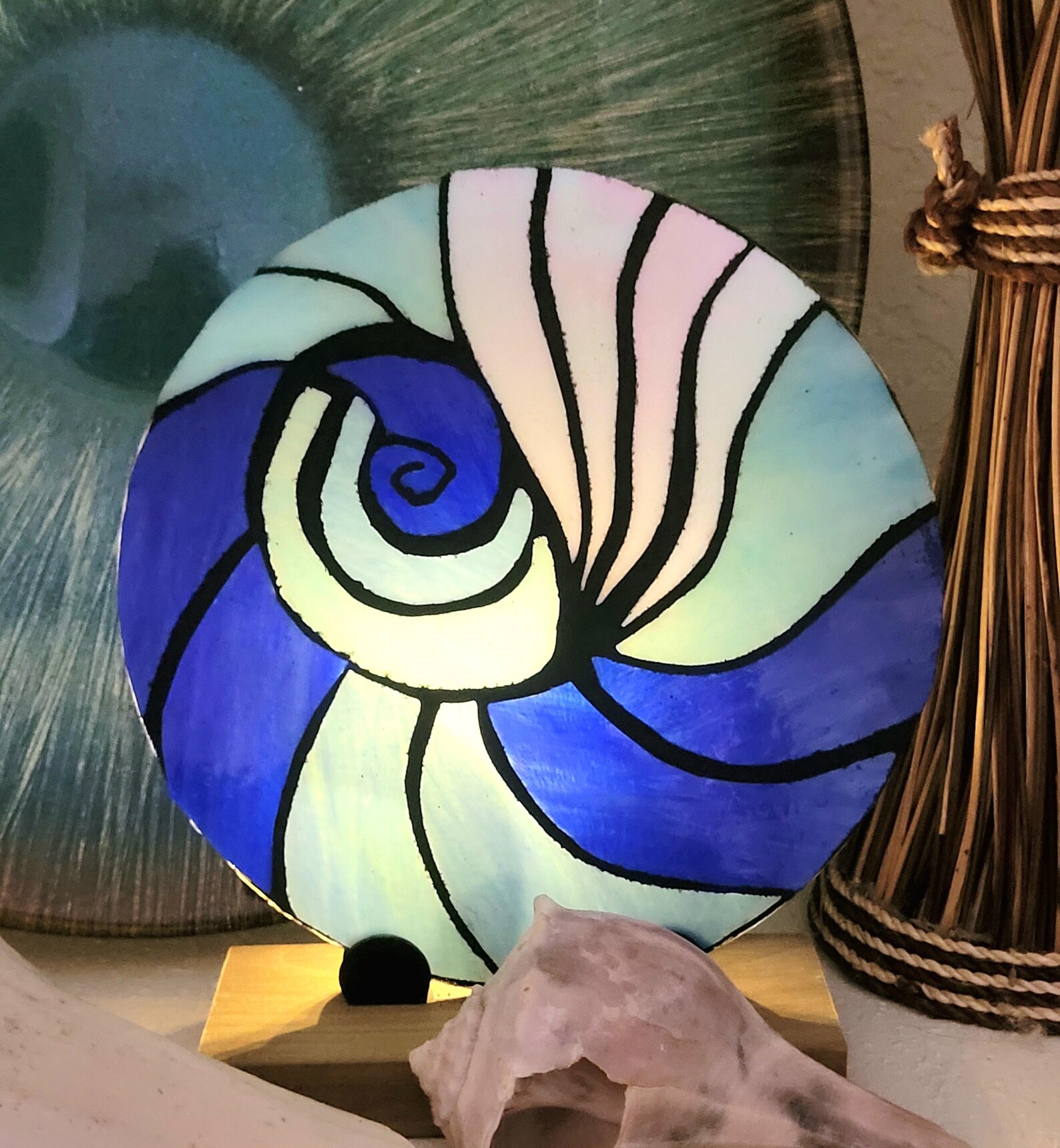 Blue Water Nautilus Stained Glass Mosaic Round Circle Turquoise White ...
