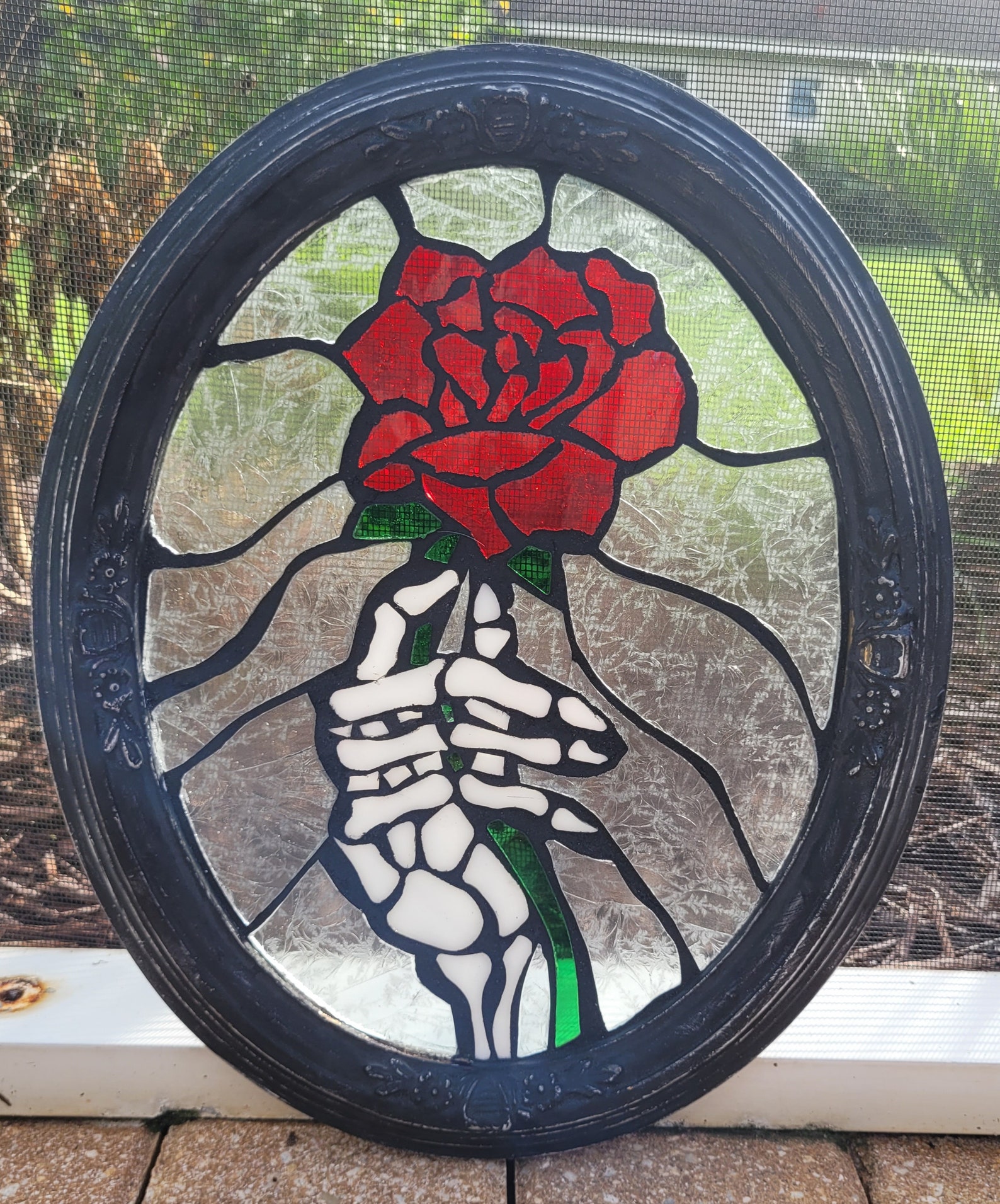 Stained Glass Mosaic Ruby Red Rose Slelton Hand Love Haunted - Etsy