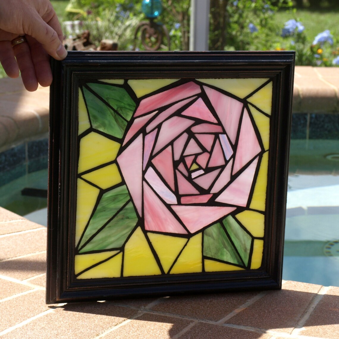 Pink Quilted Rose Stained Glass Mosaic Wooden Window Repurpose - Etsy