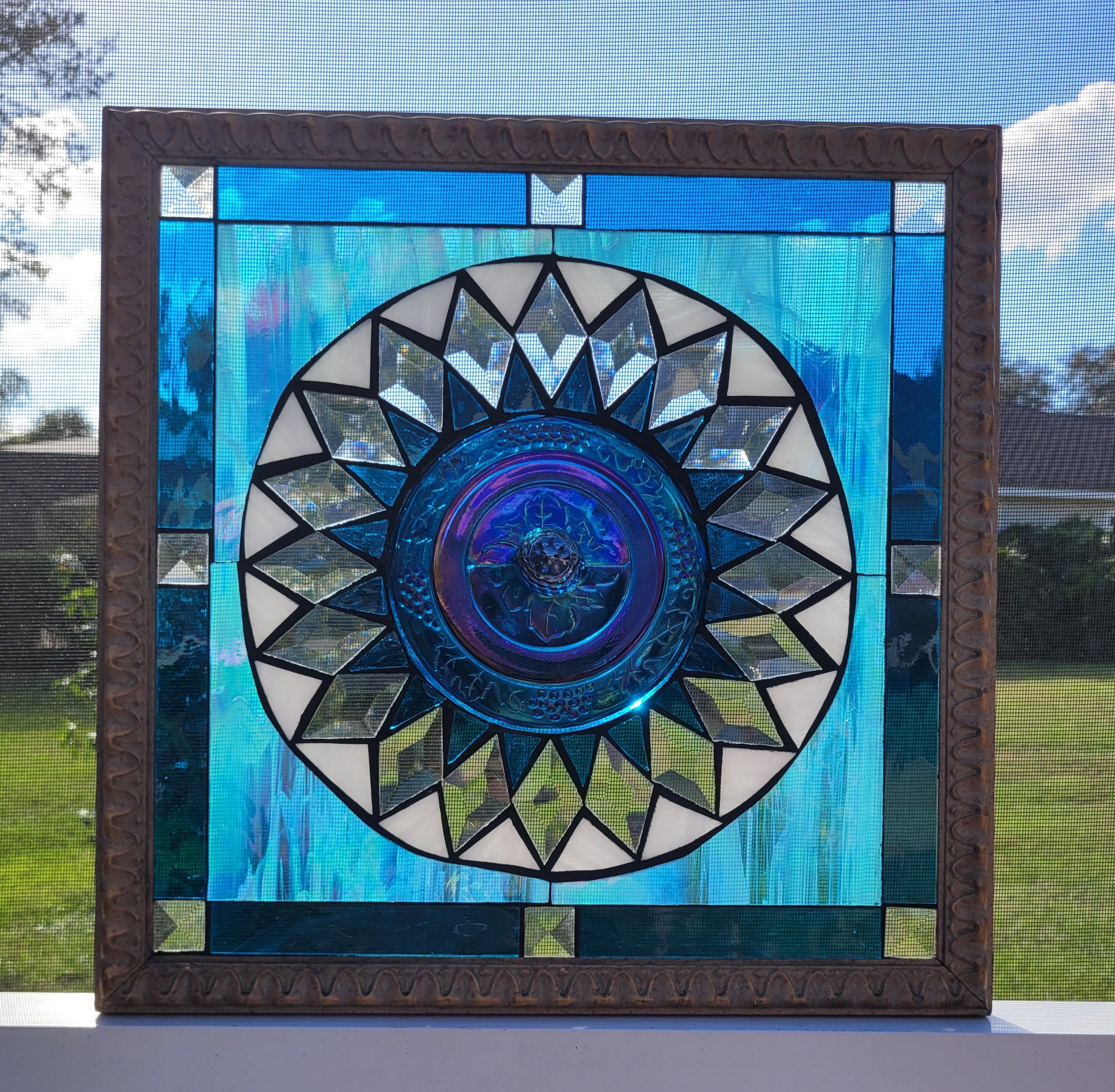 Stained Glass Mosaic Blue Turquoise Teal Carnival Glass Lid Bevels ...