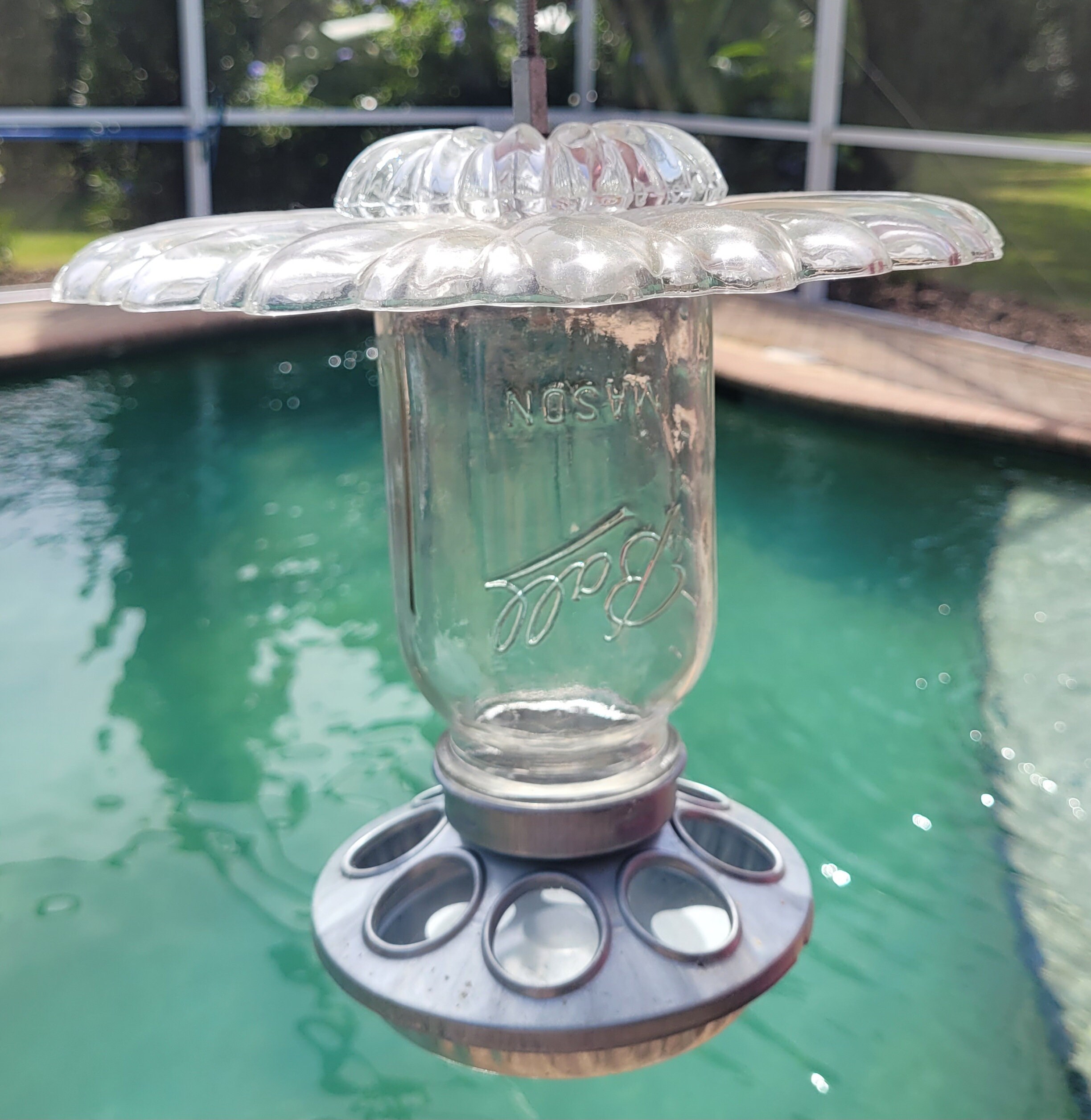 Mason Jar Bird Feeder Repurposed Chicken Feeder Glass Vintage Garden ...