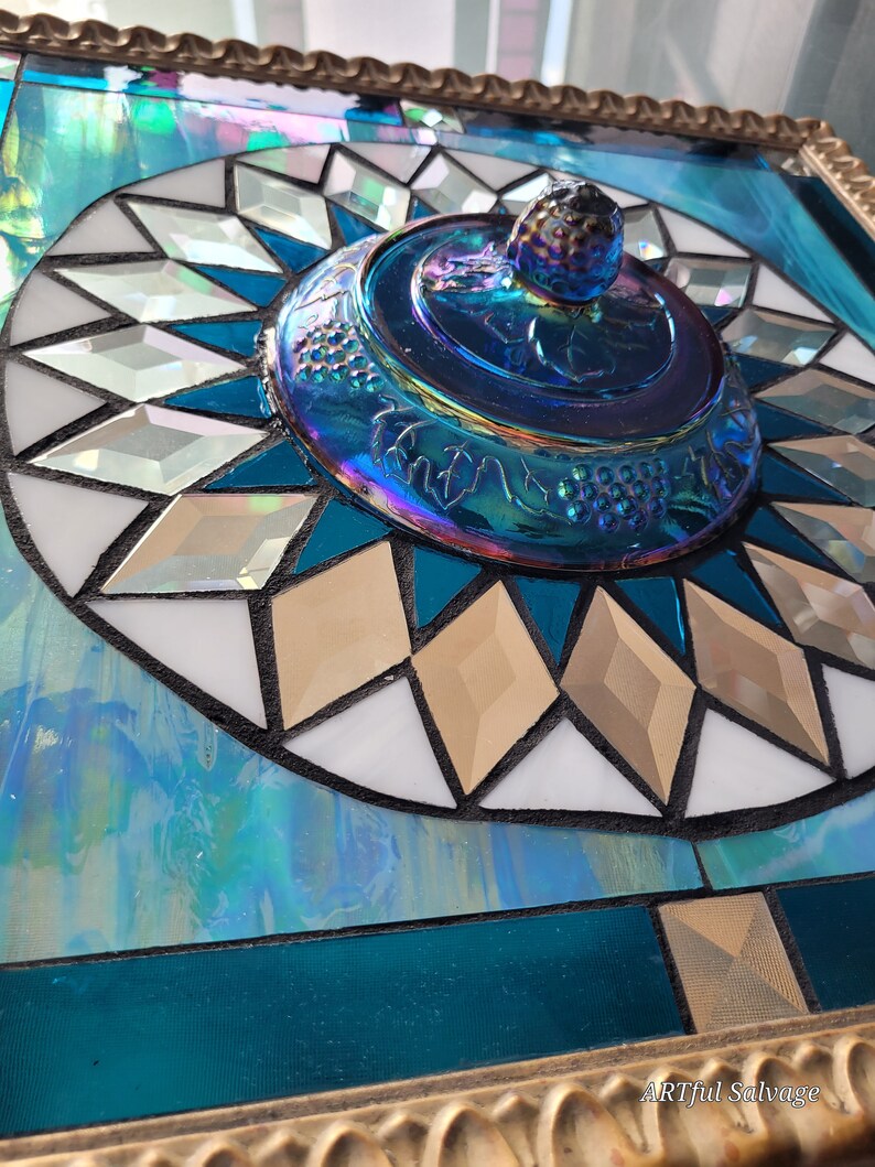 Stained Glass Mosaic Blue Turquoise Teal Carnival Glass Lid Bevels ...