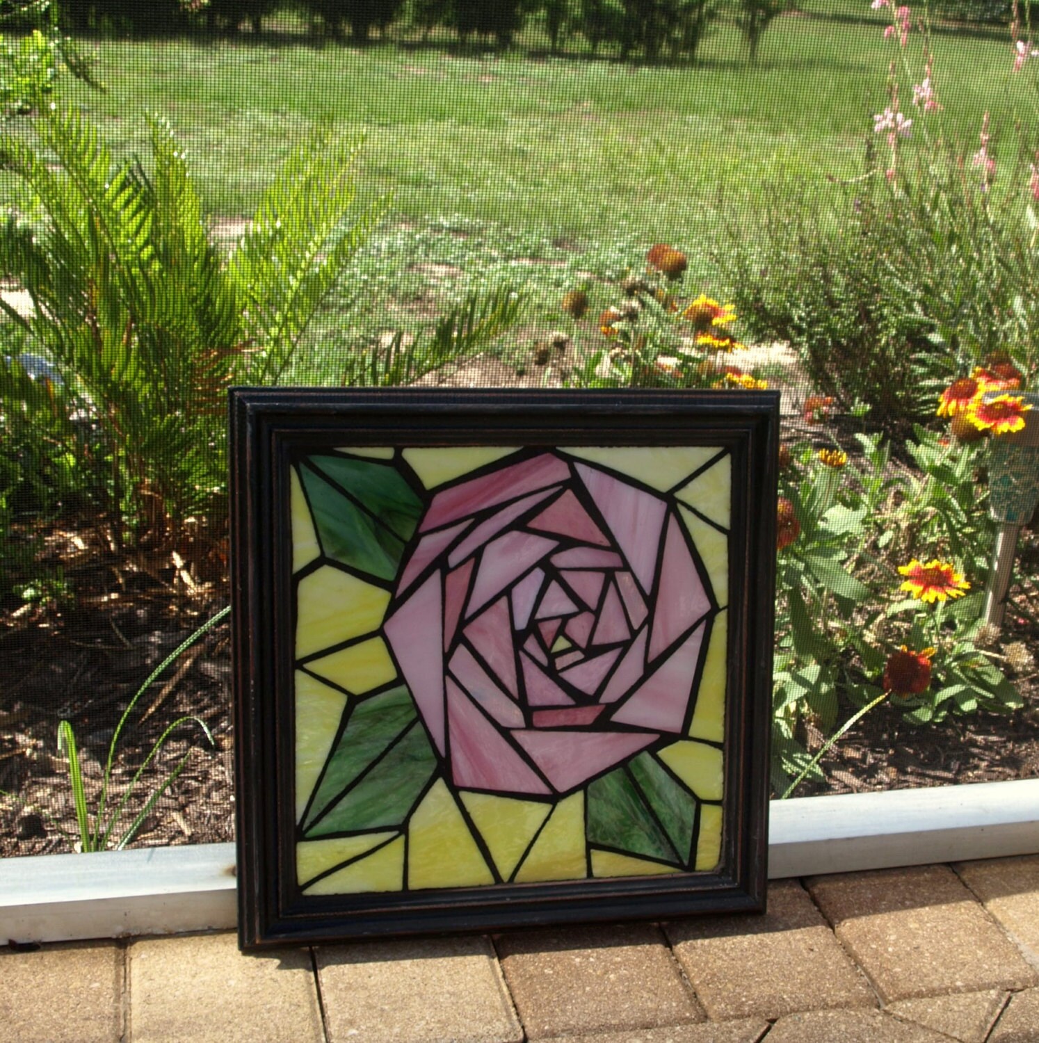 Pink Quilted Rose Stained Glass Mosaic Wooden Window Repurpose - Etsy