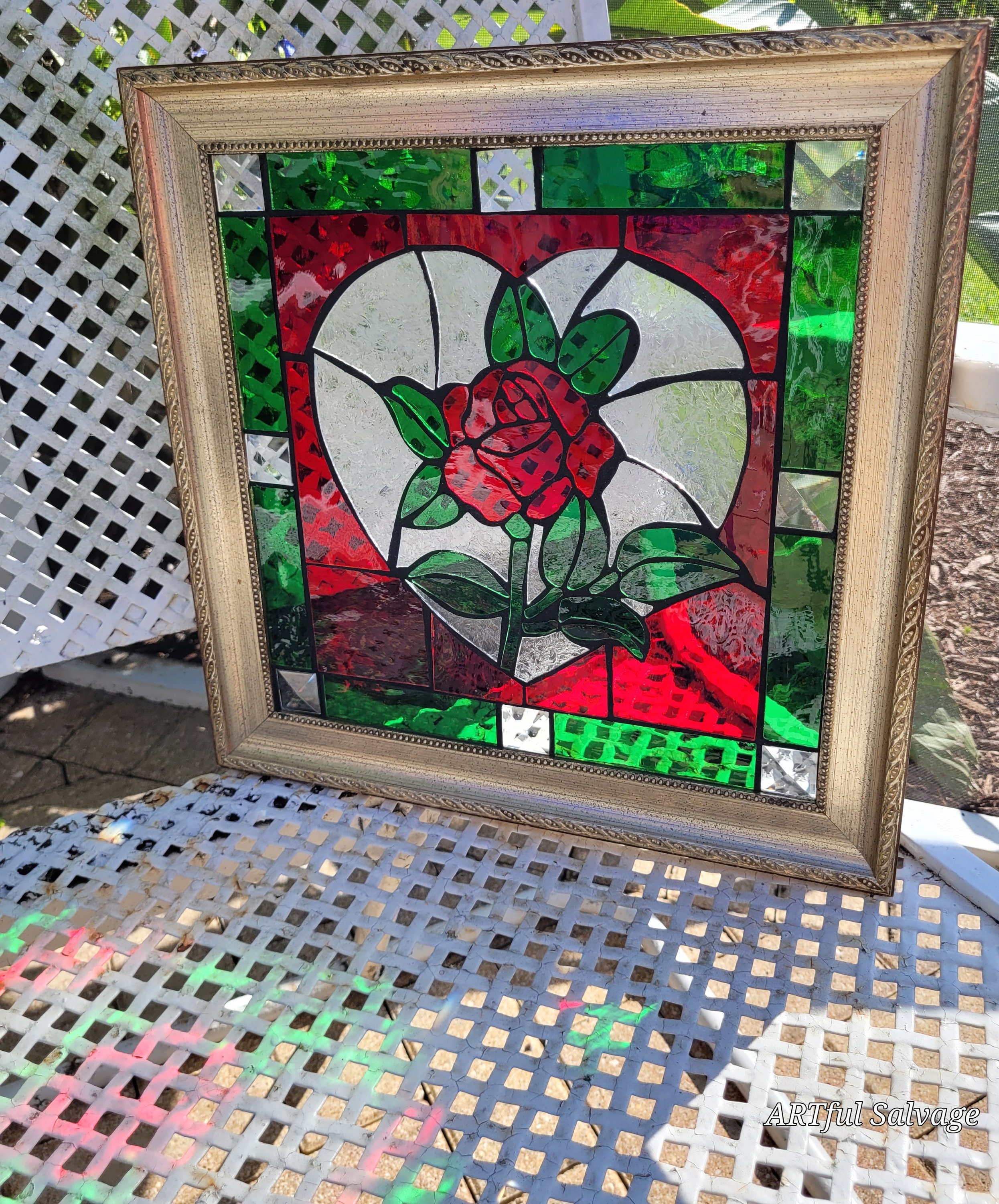 Red Rose Heart Stained Glass Mosaic Wooden Window Repurpose Green ...