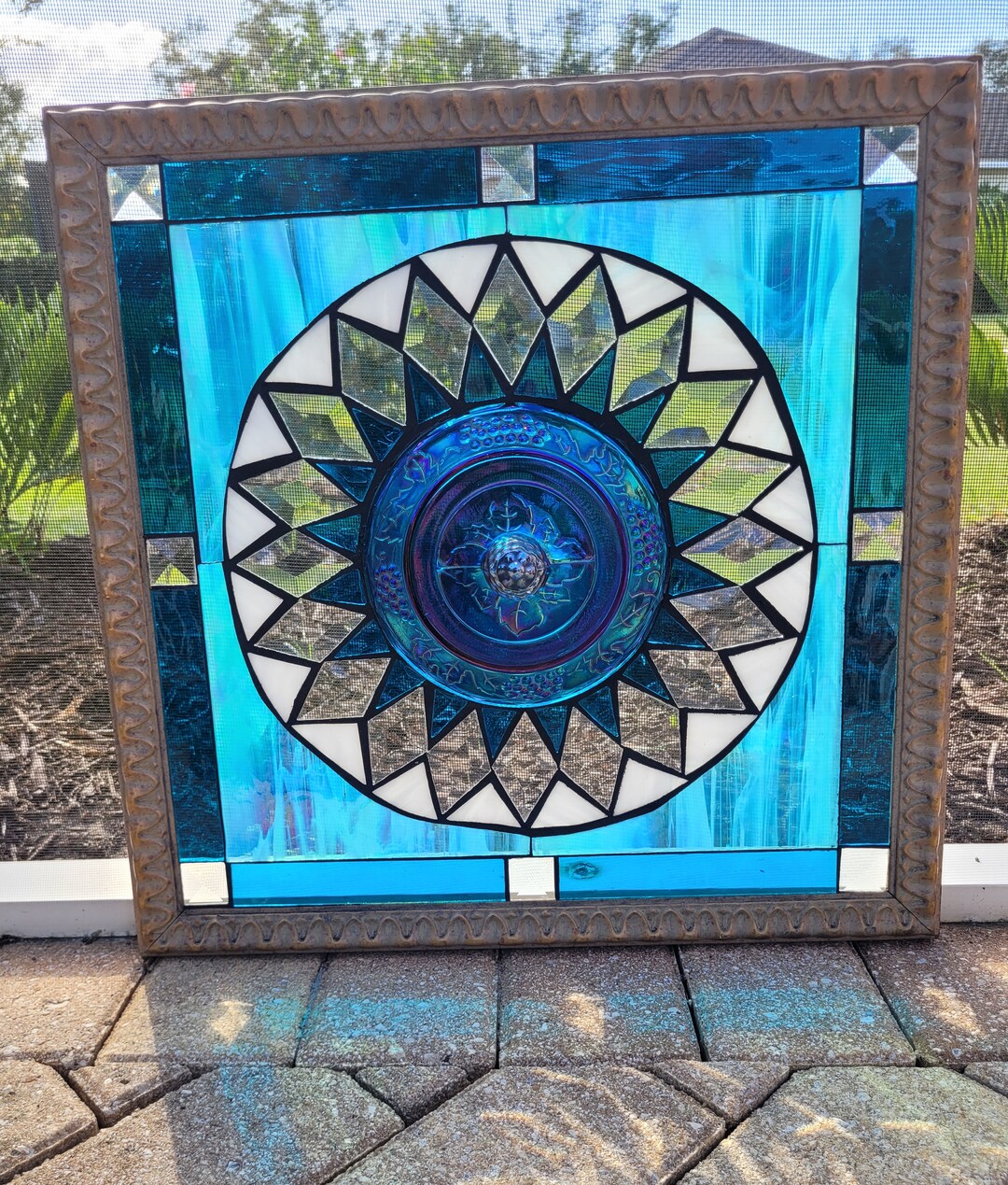 Stained Glass Mosaic Blue Turquoise Teal Carnival Glass Lid Bevels ...
