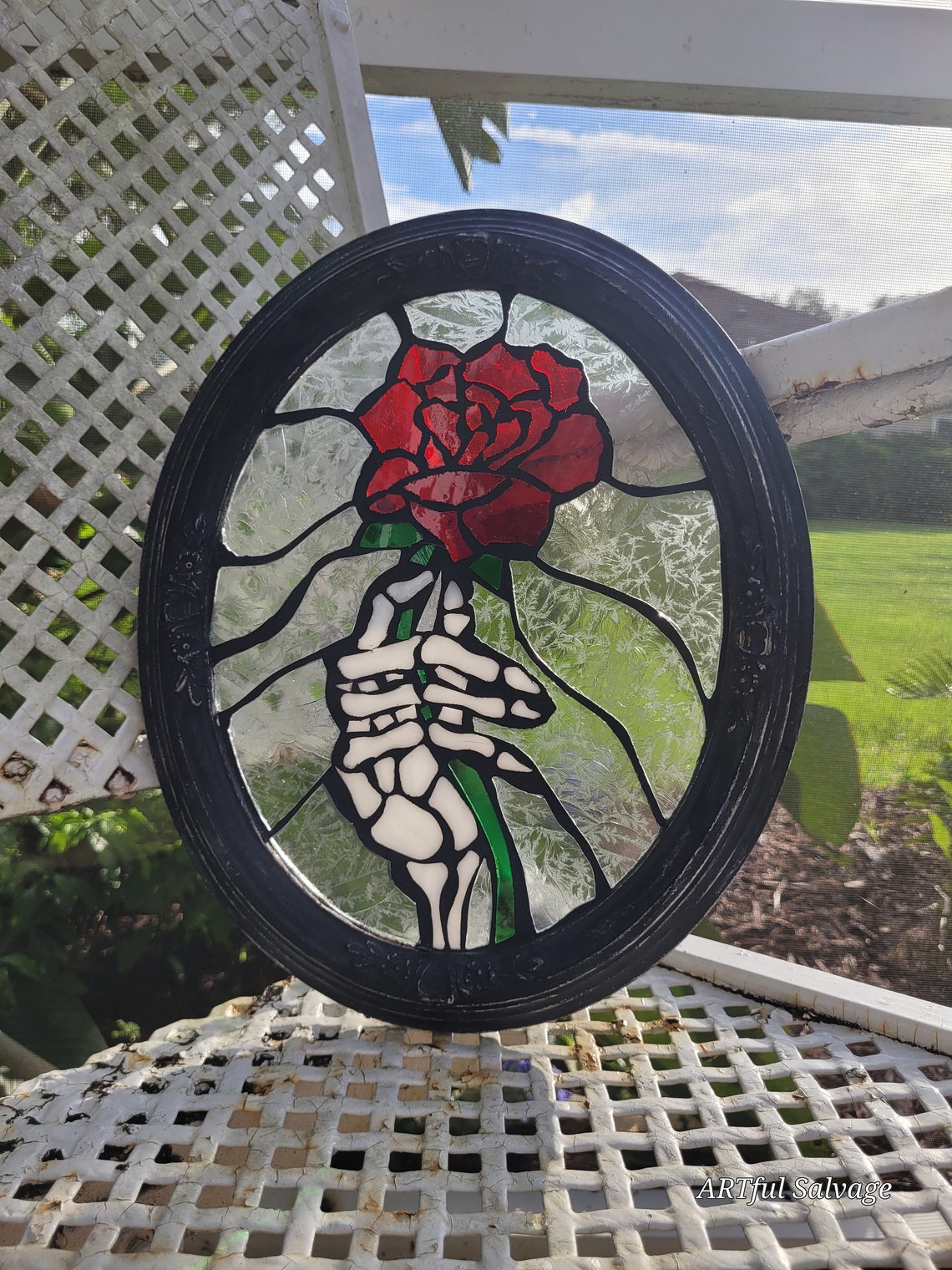 Stained Glass Mosaic Ruby Red Rose Slelton Hand Love Haunted - Etsy