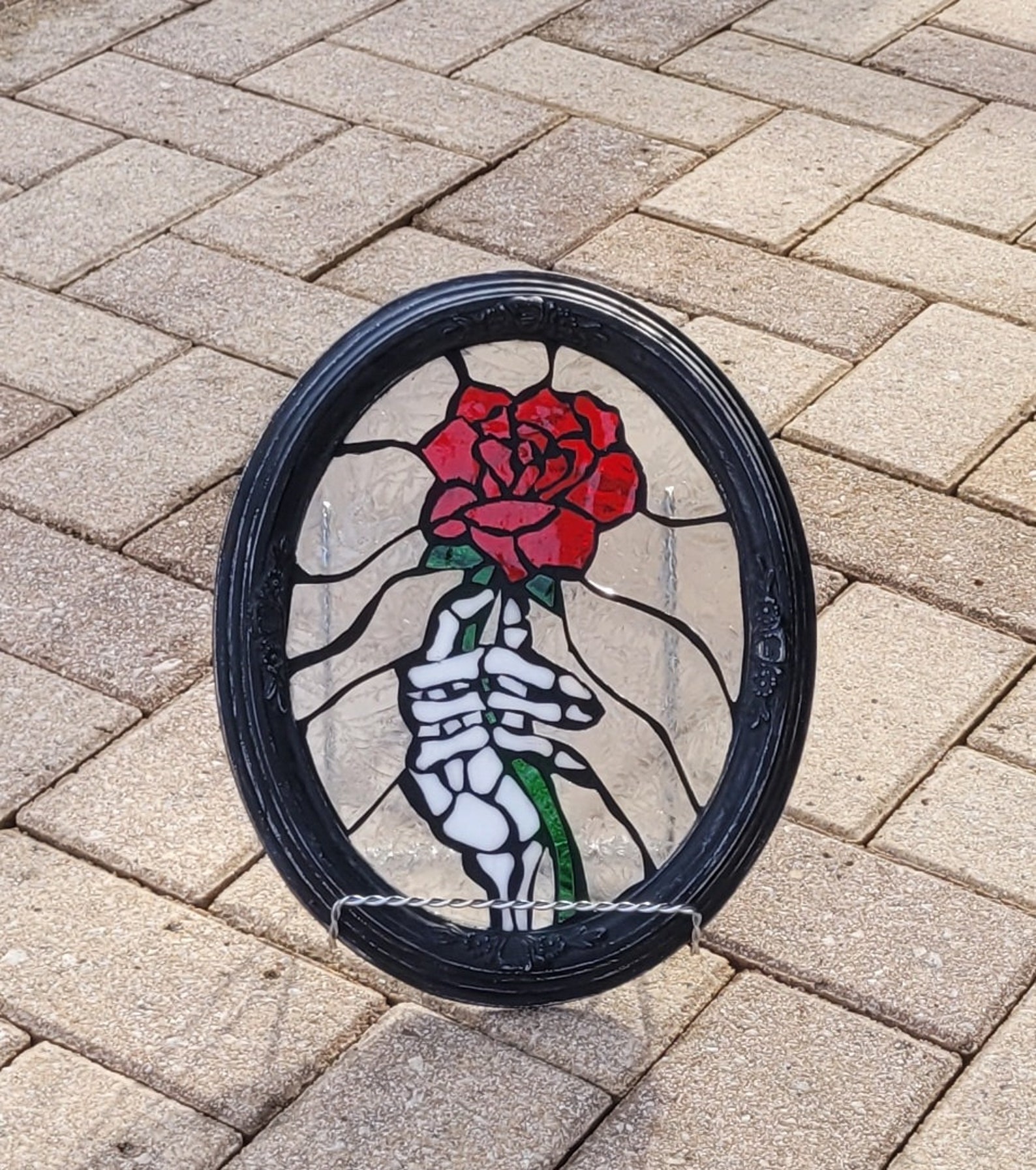 Stained Glass Mosaic Ruby Red Rose Slelton Hand Love Haunted - Etsy