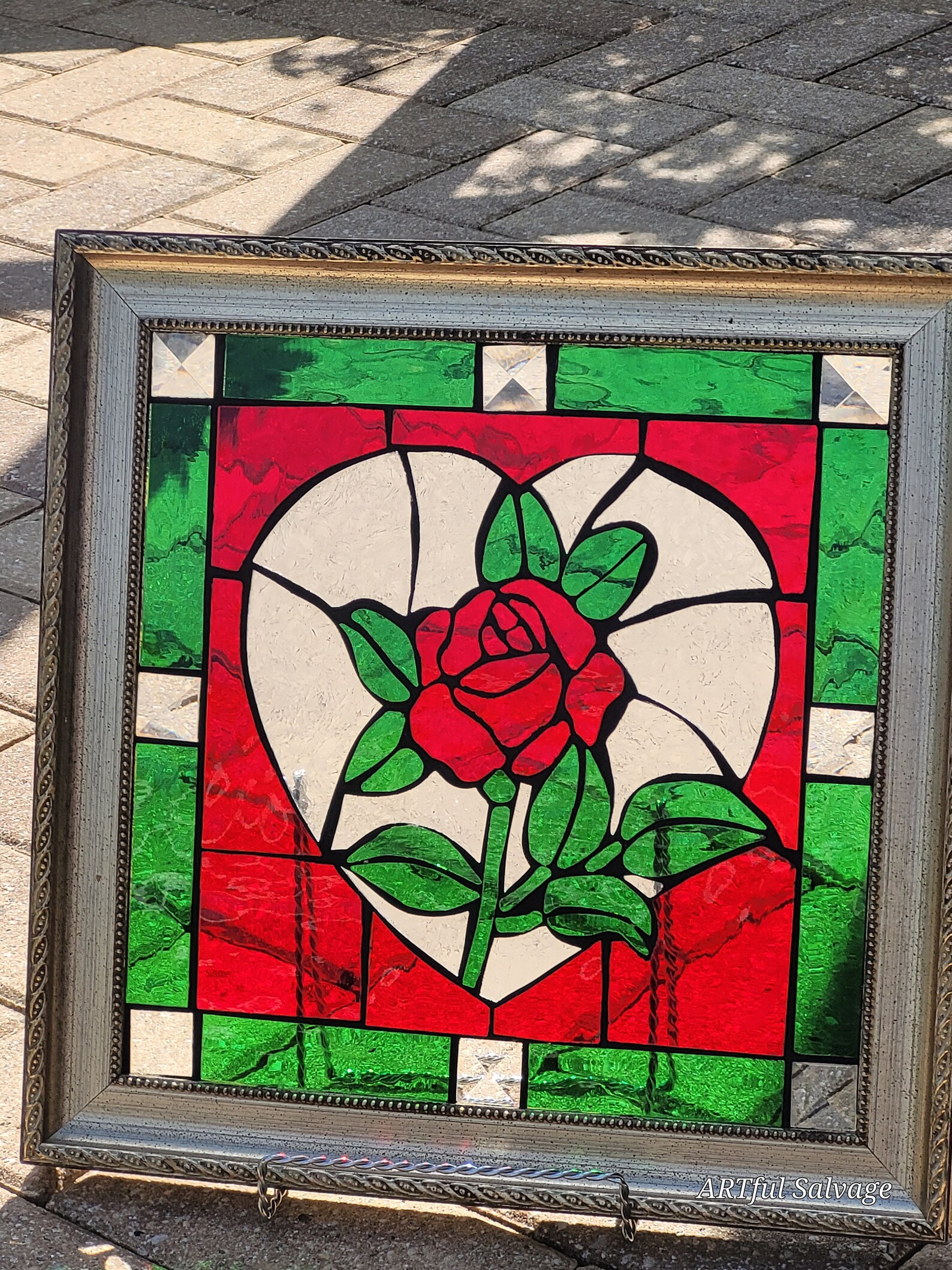 Red Rose Heart Stained Glass Mosaic Wooden Window Repurpose Green ...