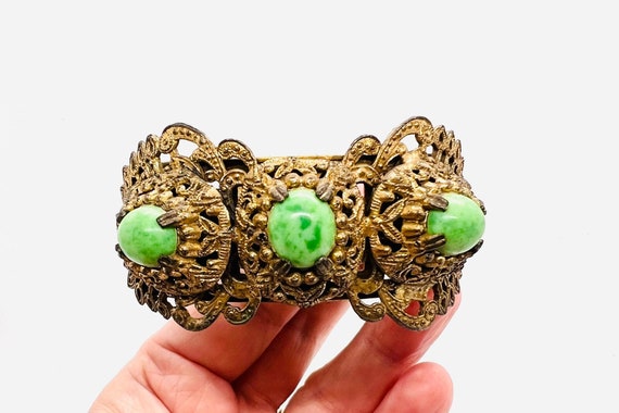 Wide Art Deco Ornate Filigree Mottled Green Cabochon … - Gem