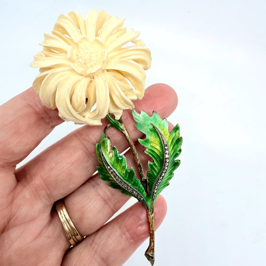 Large Sterling Silver Enamel Carved Celluloid Flower Brooch 30gm Fine ...