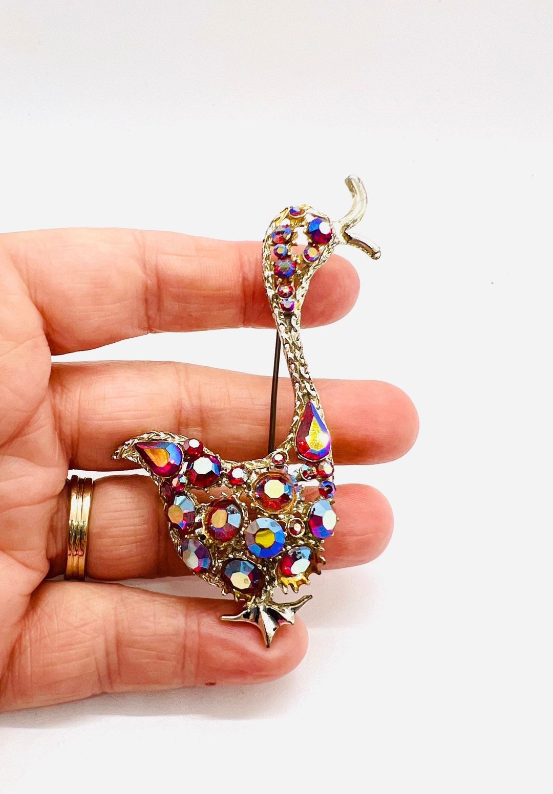 Tall Pink AB Rhinestone Figural Goose Brooch 3 1/4 Inch Vintage ...