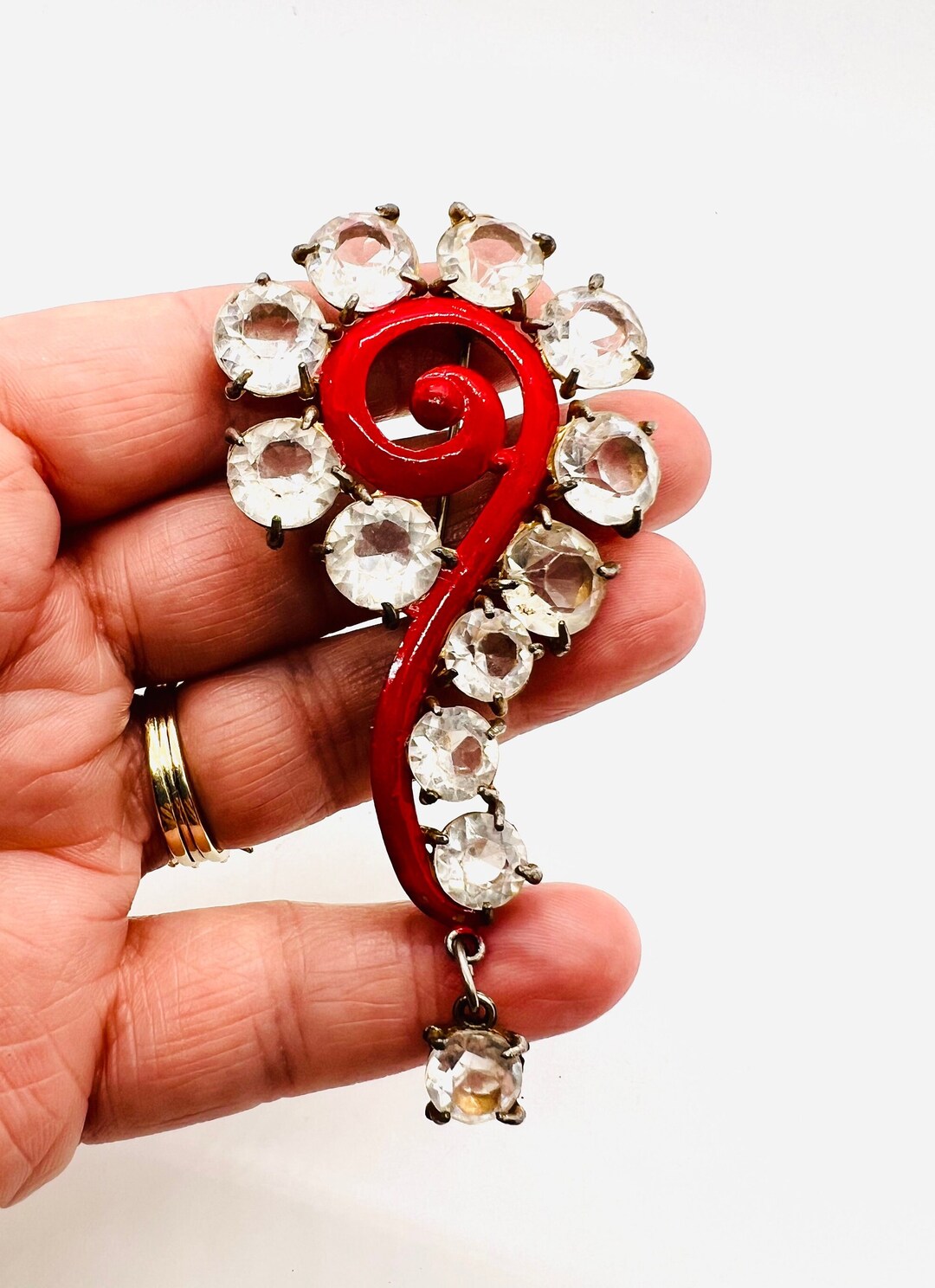 Large Art Deco Red Enamel Clear Rhinestone Question Mark Brooch Vintage ...