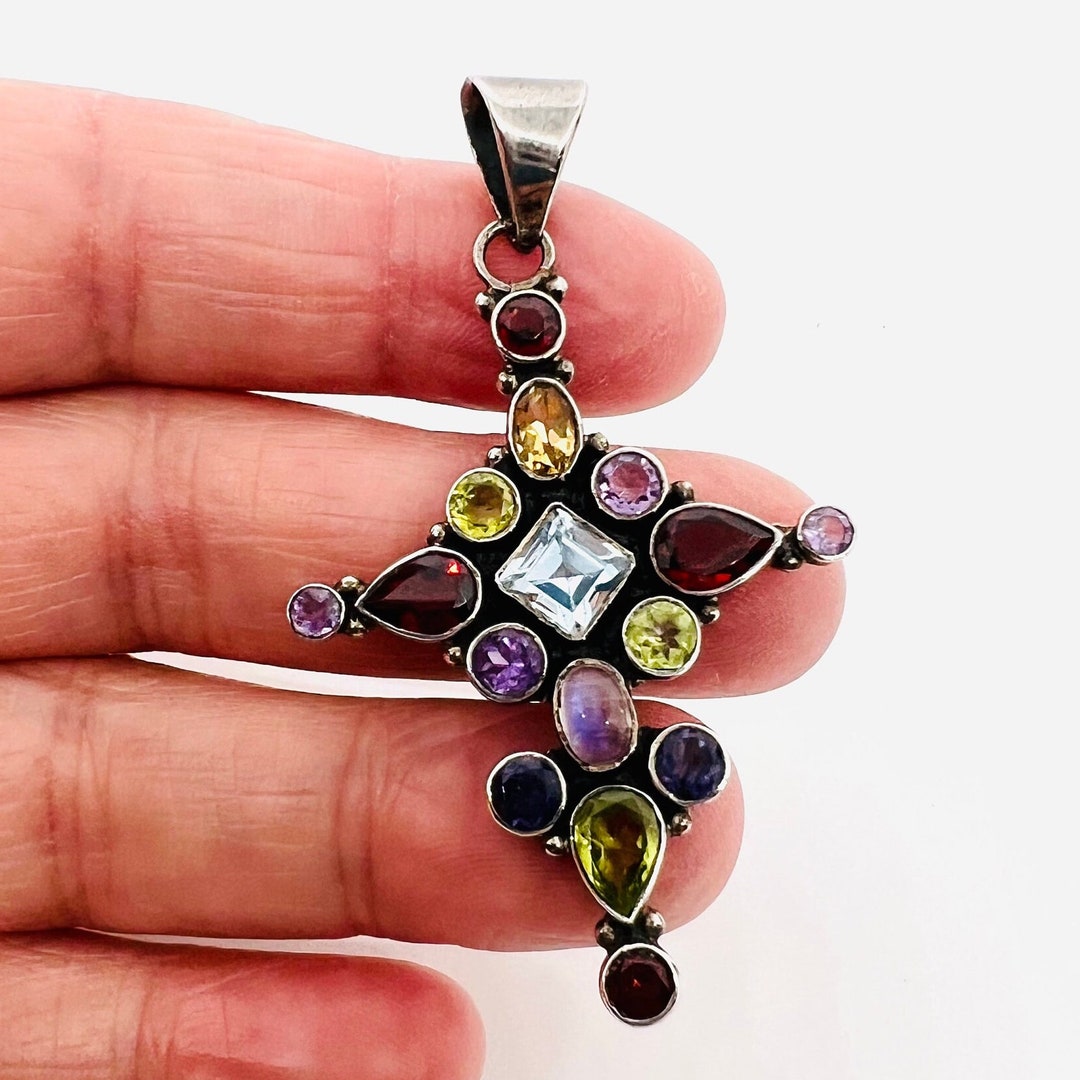 Sterling Silver Multi Gemstone Stylized Cross Pendant 7gm Fine Vintage ...