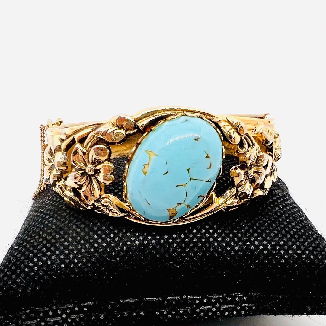 Wide Ornate Czech Hubbell Glass Floral Embossed Bangle Bracelet Vintage ...