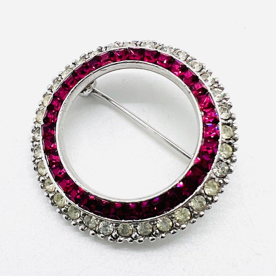 CINER Ruby Red Channel Set Rhinestone Circle Brooch Signed Vintage ...