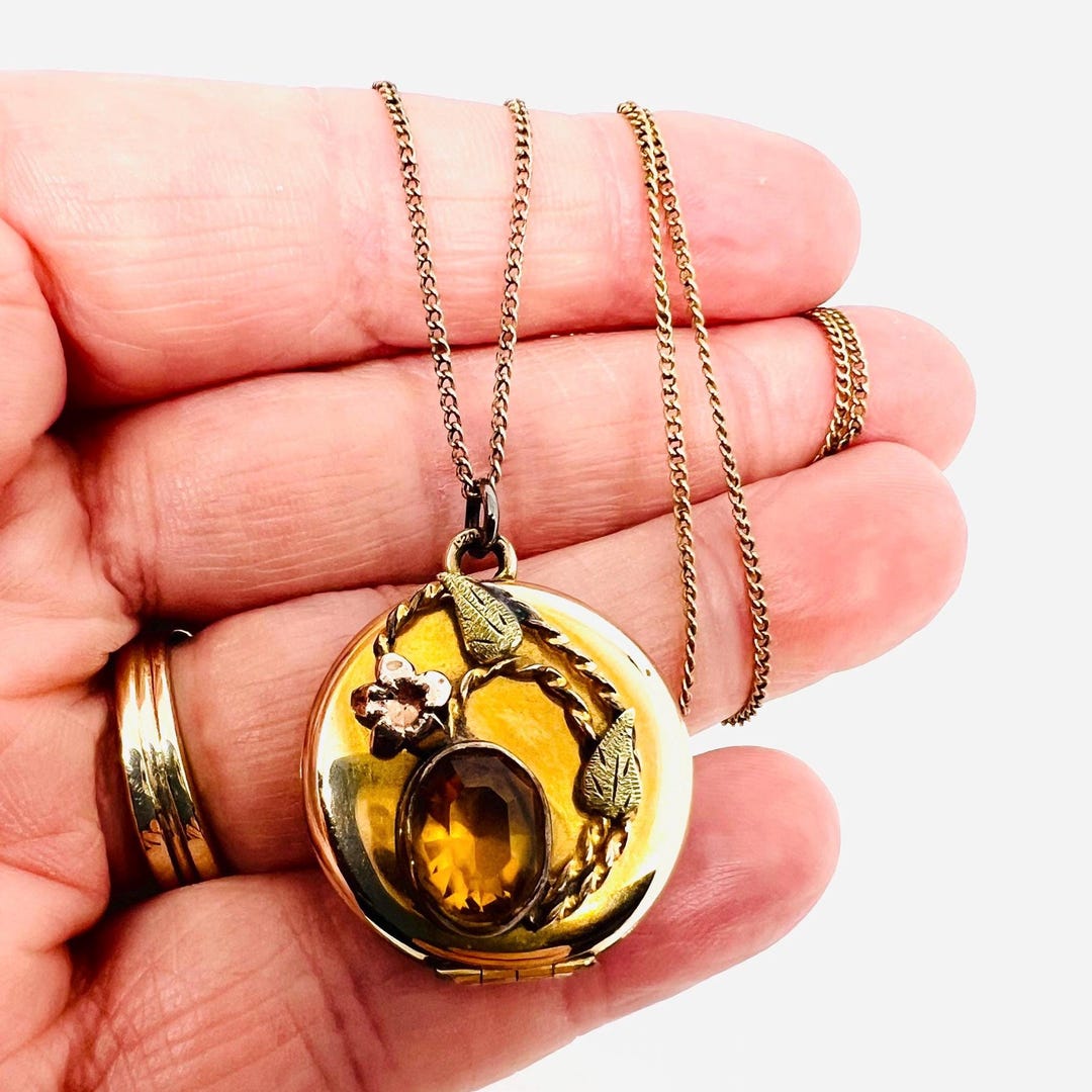 Art Deco Gold Filled Jeweled Topaz Rhinestone Locket Necklace Fine ...