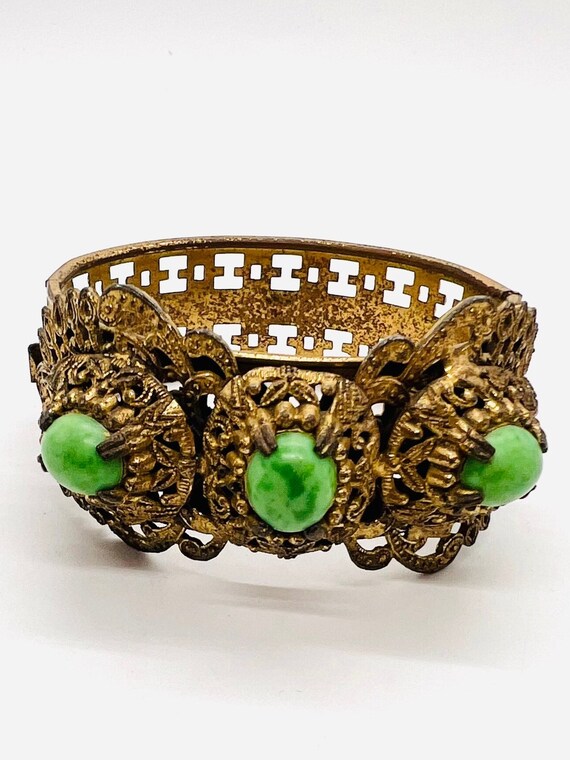Wide Art Deco Ornate Filigree Mottled Green Cabochon … - Gem