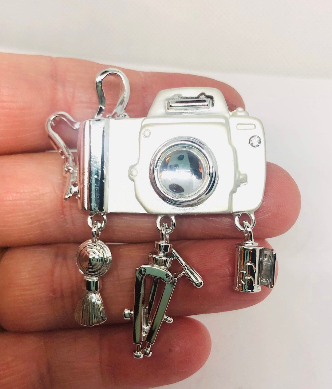 Fun 35mm Camera Brooch Dangling Attachments Matte Silver Tone Vintage ...