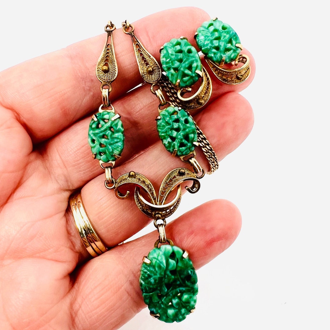 VAN DELL Gold Filled Jade Glass Necklace & Earrings Box Signed Vintage ...