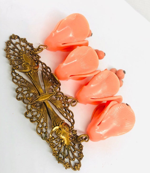Large Drippy Celluloid Fuchsia Brooch Ornate Filigree… - Gem