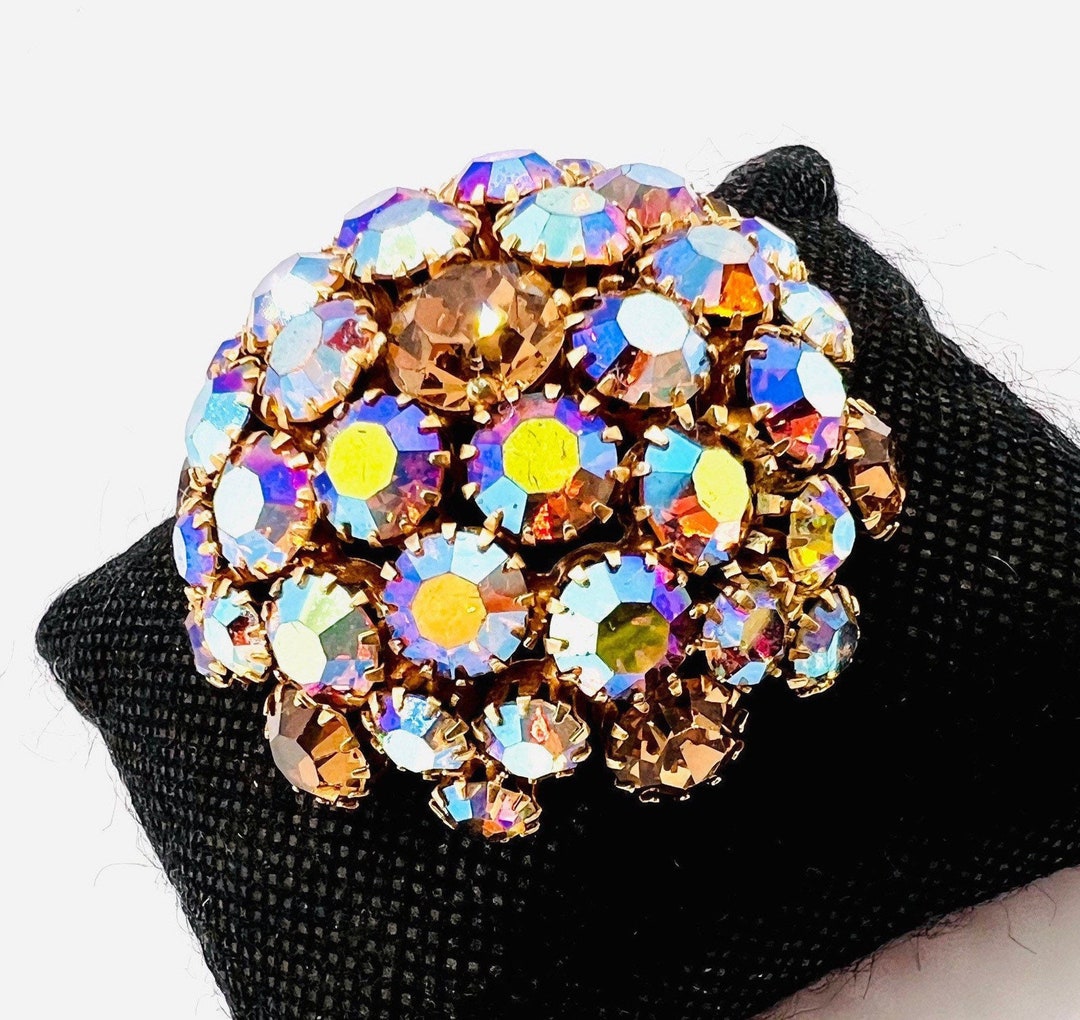 Large WARNER Domed Topaz RS & Pink AB Rhinestone Brooch Signed Vintage ...