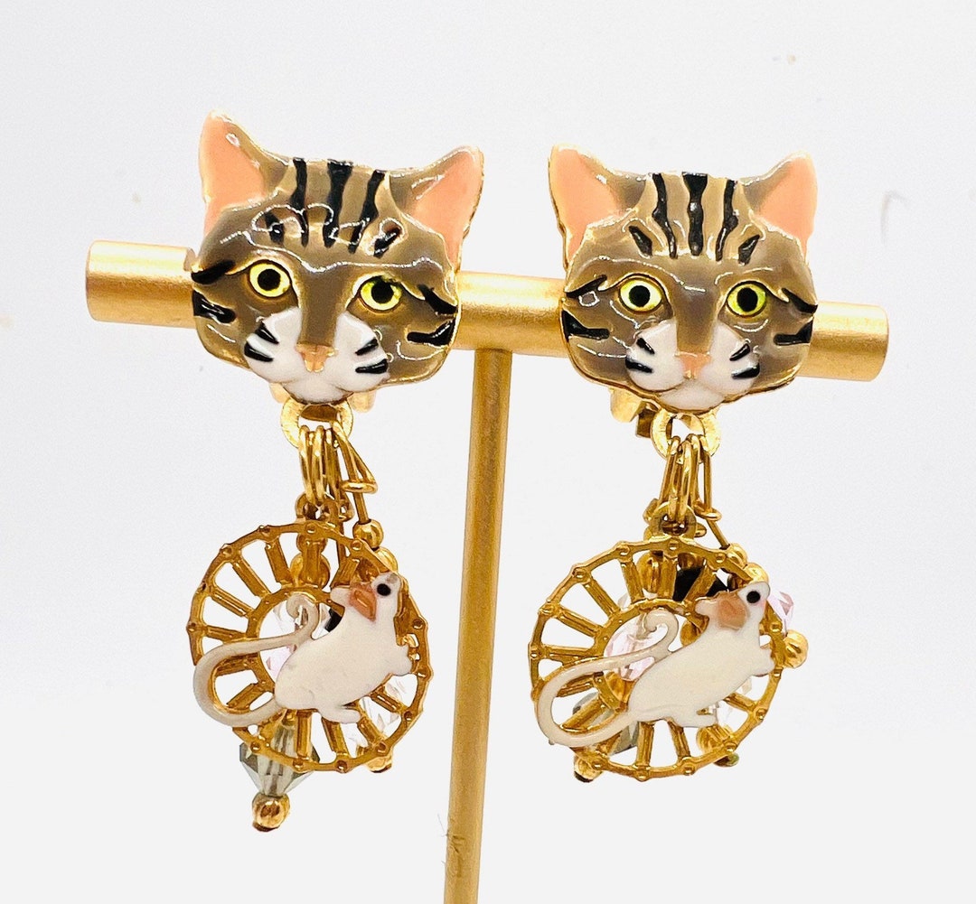 Lunch at the Ritz 2go Cat & Mouse in Wheel Clip Earrings Signed Vintage ...