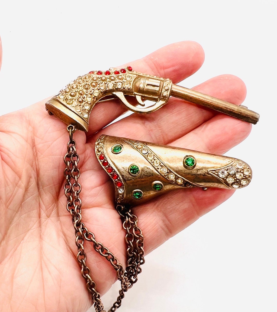 Large Jeweled Revolver & Holster Rhinestone Chatelaine Brooch Vintage ...