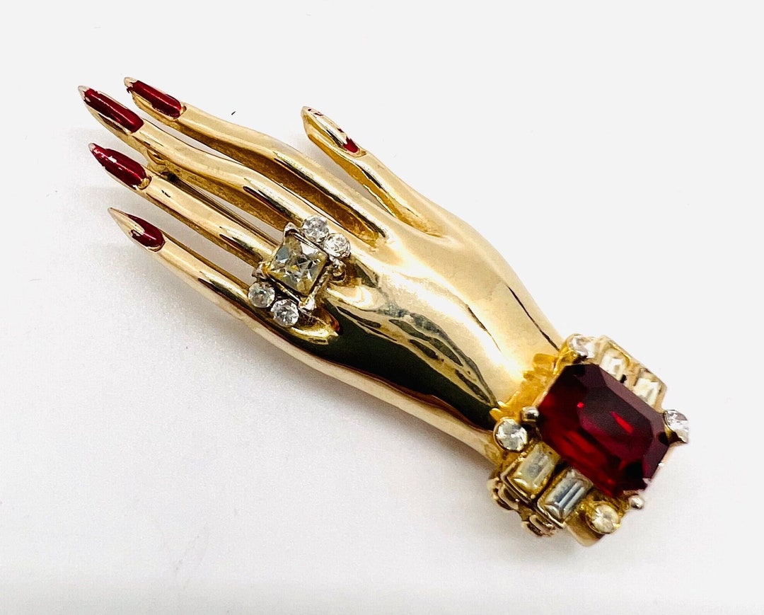 Large 1944 CORO Rhinestone Jeweled Hand Brooch Enamel Signed Vintage ...