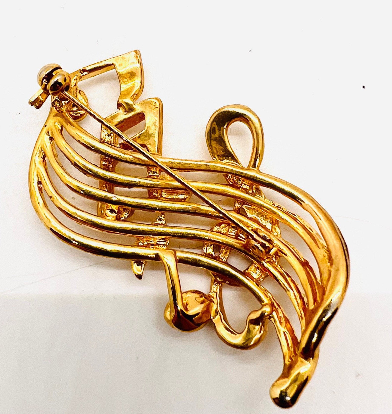 Stylized Musical Notes Clef & Clear Rhinestone Figural Brooch Vintage ...