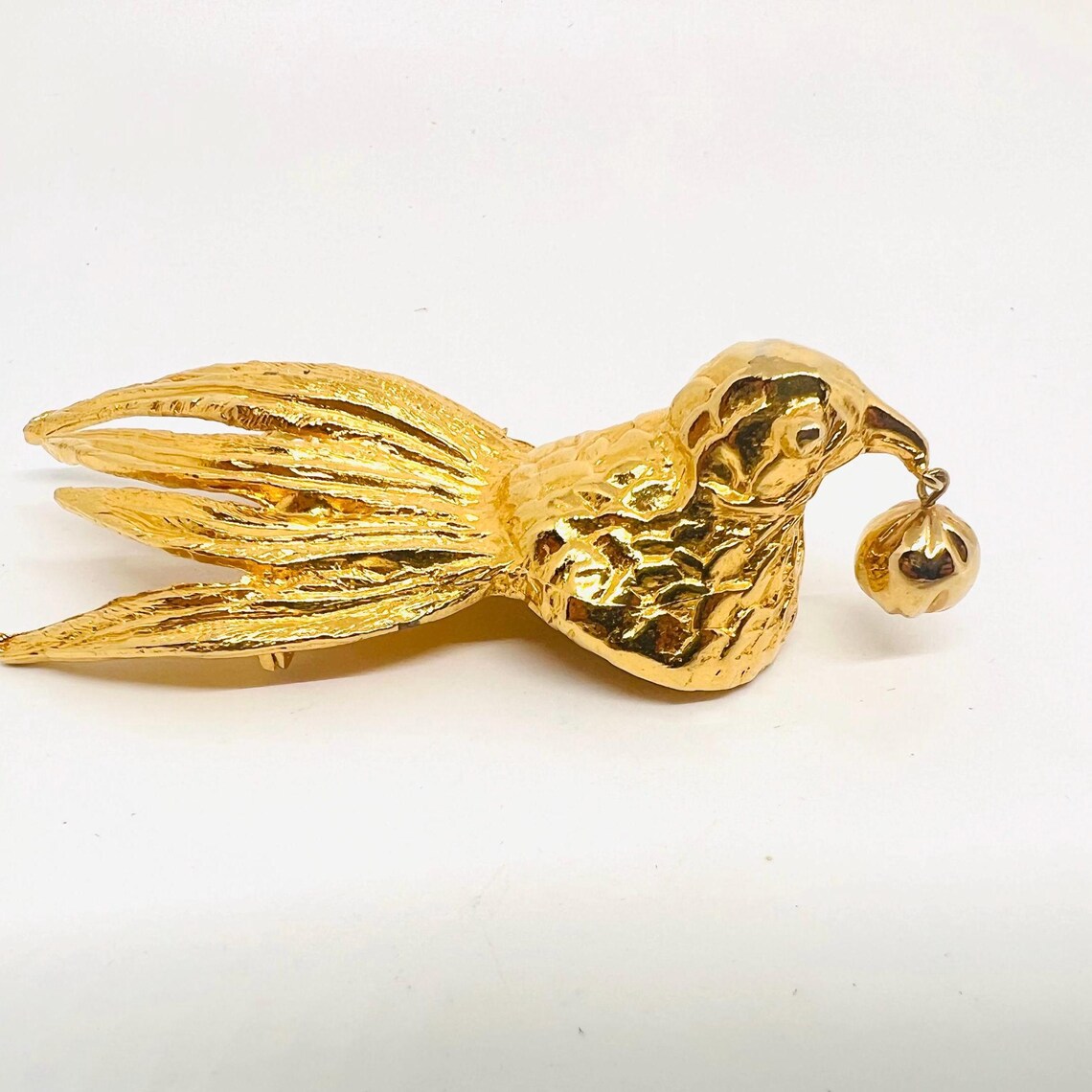 Large Inverted Gold Tone Bird W/ Dangling Berry Brooch 4 Inch Vintage ...
