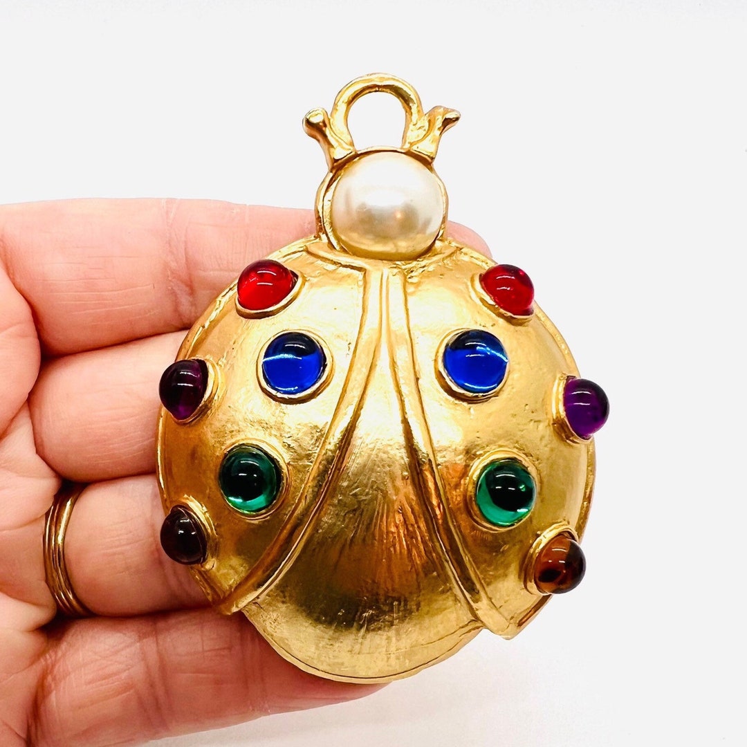Huge Jewel Tone Cabochon Ladybug Brooch 80’s Matte Gold Tone Vintage ...